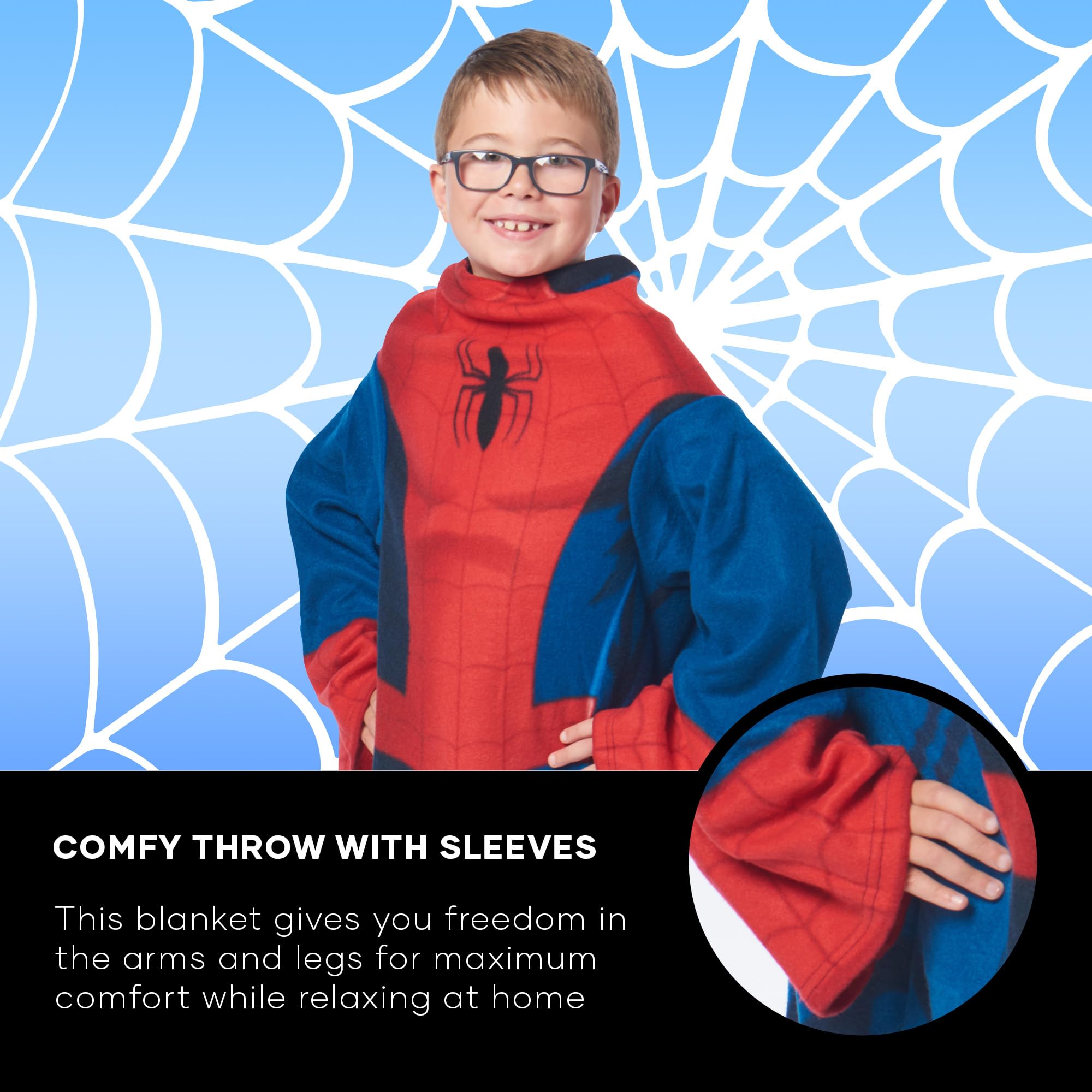 Northwest Spider-Man Spidey Webs Youth Silk Touch Comfy Throw Blanket with Sleeves, 48" x, 48"