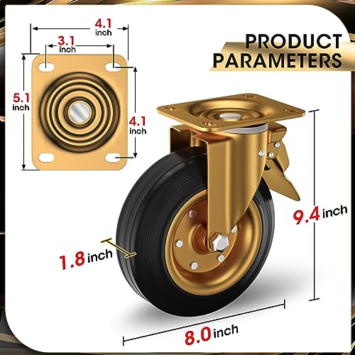 OVLLAN 8 Inch Caster Wheels, Casters Set of 4 Heavy Duty - Swivel Locking Heavy Duty Casters, Industrial Casters with Brake, Rubber Castor Wheels for Cart Dolly Workbench, Total Capacity 3400 lbs
