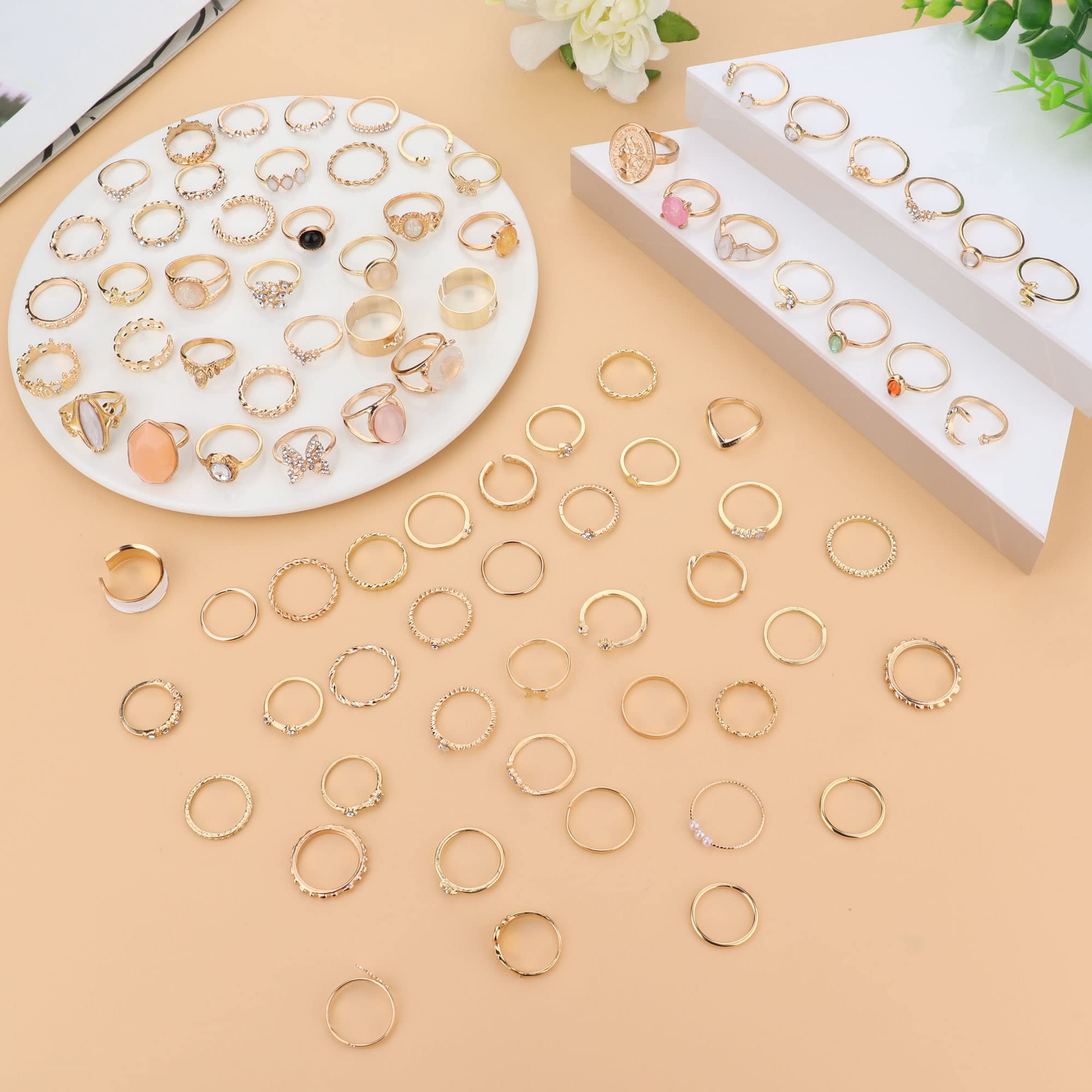 FIBO STEEL 82 Pcs Vintage Gold Knuckle Rings for Women Bohemian Midi Stackable Rings Boho Butterfly Snake Crystal Stacking Rings Pack Gold Tone