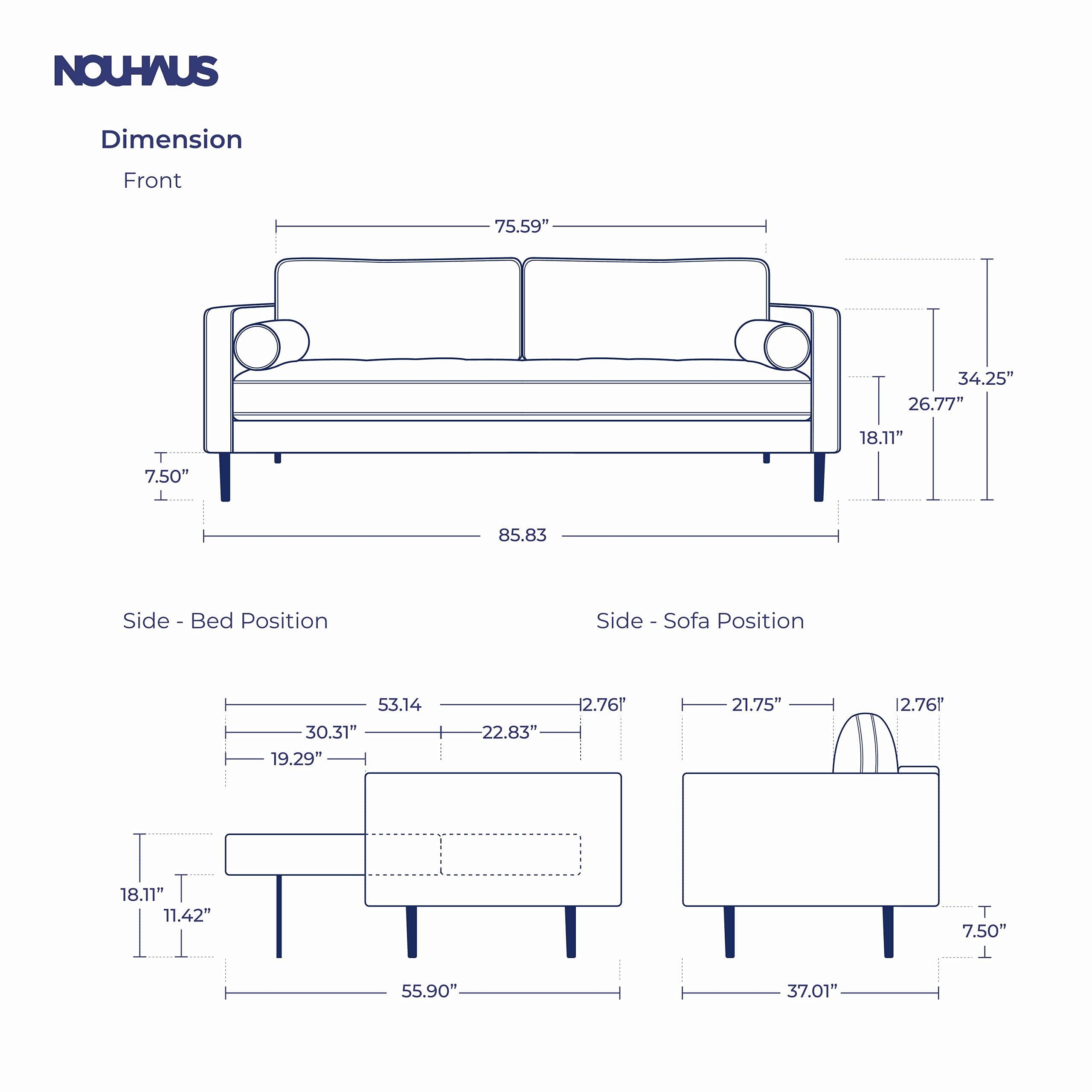 Nouhaus Module, Sleeper Sofa Bed Couch. 7ft Luxury Convertible Sofa Futon Bed with No Roll Together Latex. Pull Out Sofa Bed for Bedroom Couch, Small Apartment Furniture Sofas or RV Couch
