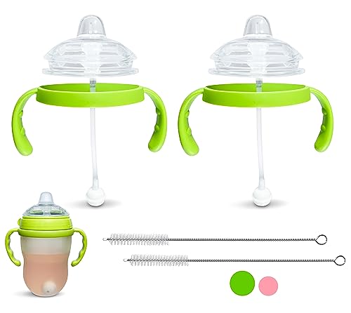 Sippy Cup Conversion Kit for Comotomo Baby Bottles | 2-Count | with Soft Silicone Sippy Spout Nipples, Weighted Any Angle Straw Ball, Bottle Handles and Straw Cleaning Brush (Sippy Spout, Green)