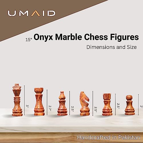 UMAID Handmade Marble Chess Set Board Game with Luxury Velvet Gift Box, 14β White & Brown Elegant Onyx Marble Chess Board, Unique Chess Sets for Adults and Modern Marble Home Decor
