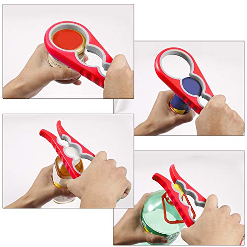 Jar Opener 4&5 in 1 Can Opener Set,Multifunctional Can Opener Kitchen Gadgets,Bottle Opener Kit with Silicone Handle Openers for Arthritic Hand&rubber Jar Opener for Week Hands (Red)