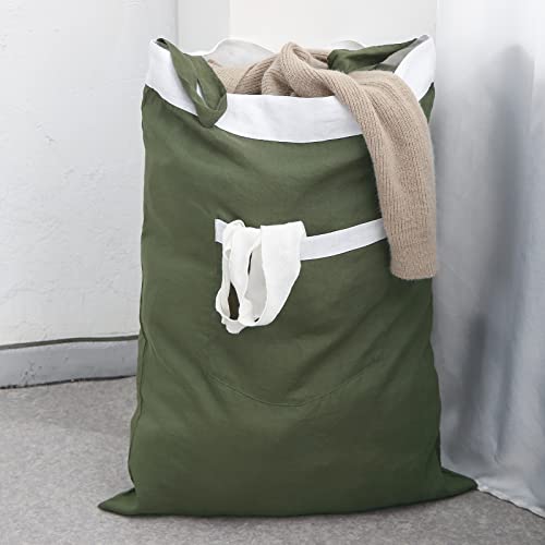 GyiHoong 100% Linen Door Hanging Laundry Hamper Bag, 20x27 Inch Hanging Laundry Bag with Front Pocket, Space Saving Over the Door Laundry Hamper(Green)