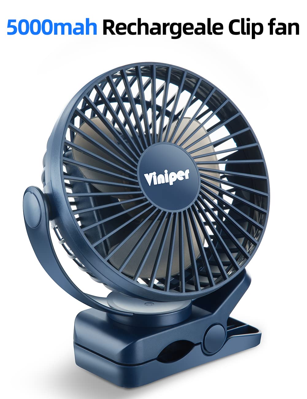 Viniper 6 inch Rechargeable Clip on Fan, 5000mah Battery Desk Fan : 360° Rotation & 3 Speeds Strong Wind Portable Fan, 8-30 Working Hours, Quiet and Powerful (Blue)