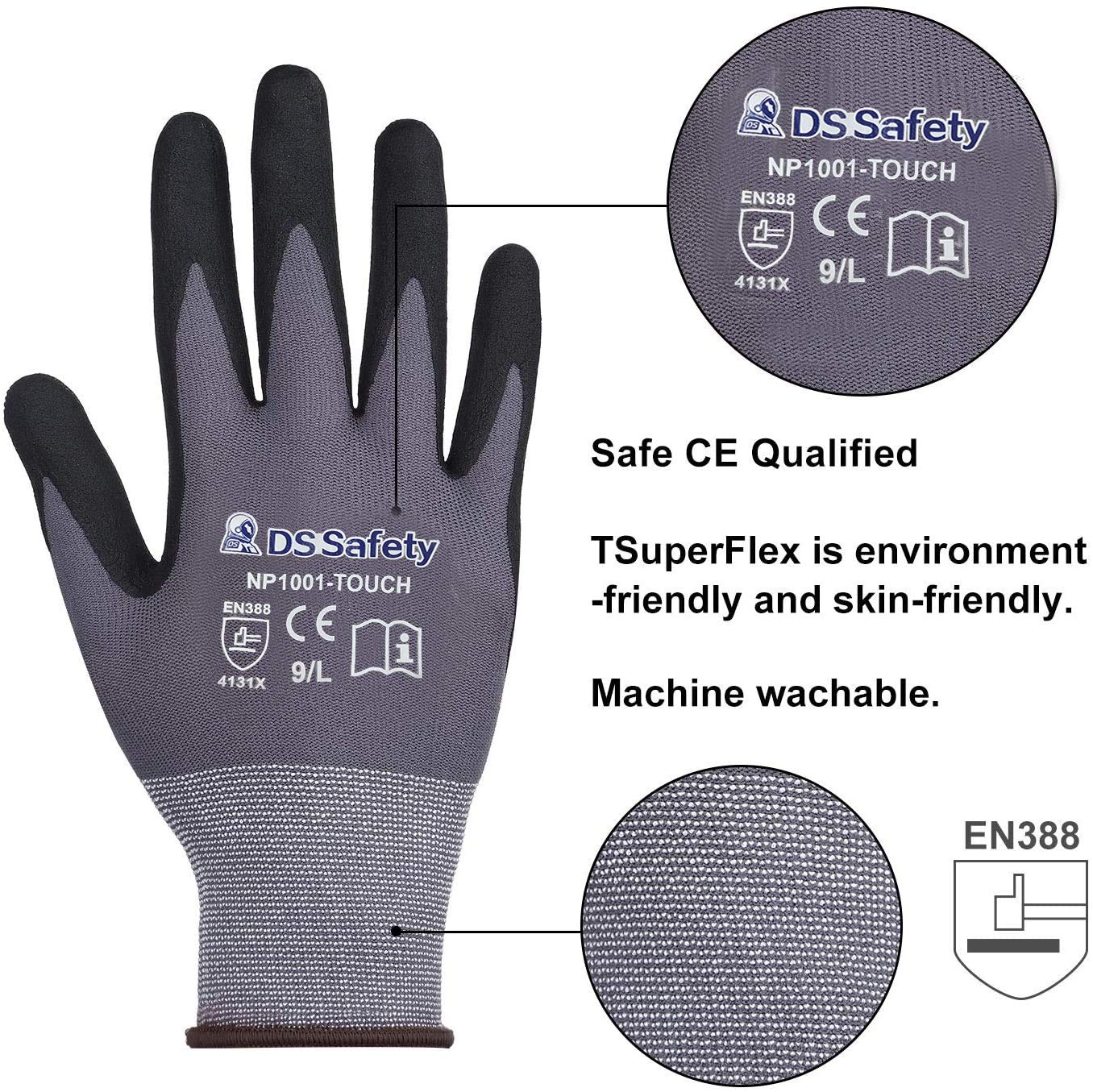 DS Safety NP1001 Nitrile Work Gloves,Spandex Liner Nitrile Coated, 3 Pairs (S)