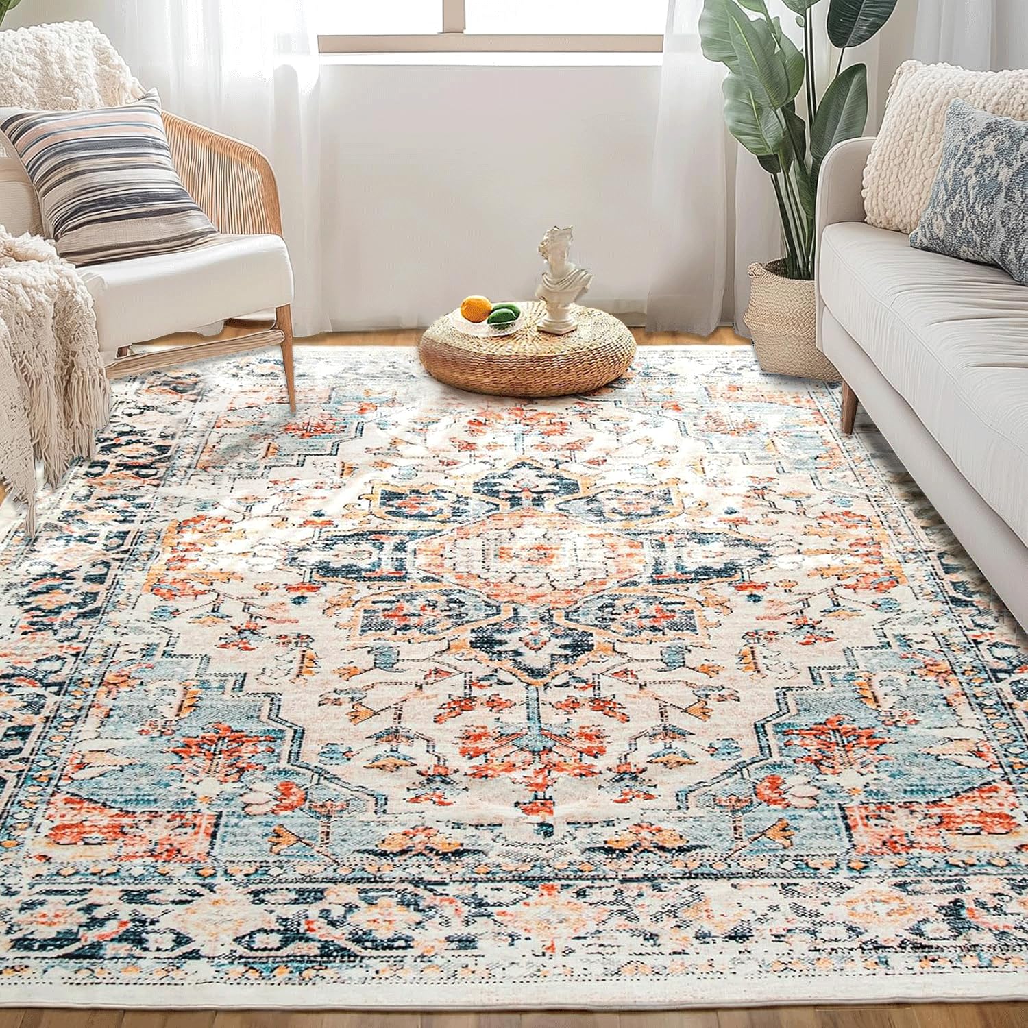 HEHJIPY 5 x 7 Washable Area Rugs 5x7 Vintage Machine Washable Rug Carpet with Non Slip Rug for Living Room Bedroom,Foldable Soft Low Pile Rug, Stain-Resistant Home Decor Indoor Boho Thin Rug