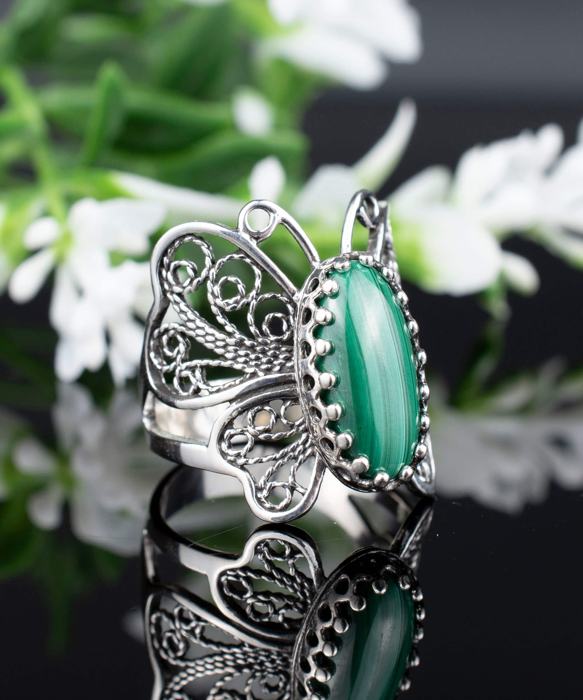 Filigranist Sterling Silver Filigree Art Butterfly Women Cocktail Ring with Gemstones (Malachite, 9)