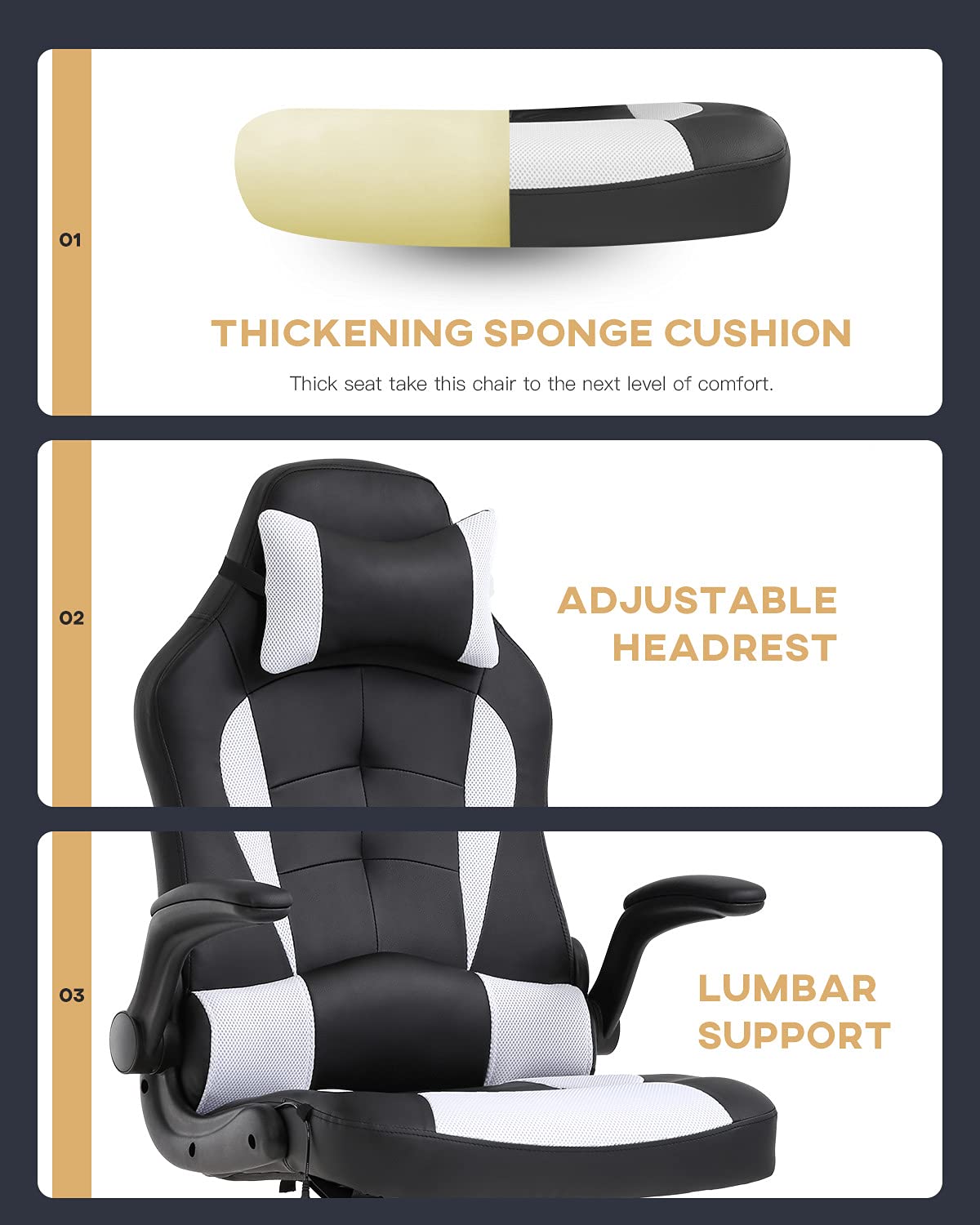 PC Gaming Chair Ergonomic Office Chair Computer Desk Chair with Armrests Headrest and Lumbar Support High Back PU Leather Executive Racing Chair for Home (White)