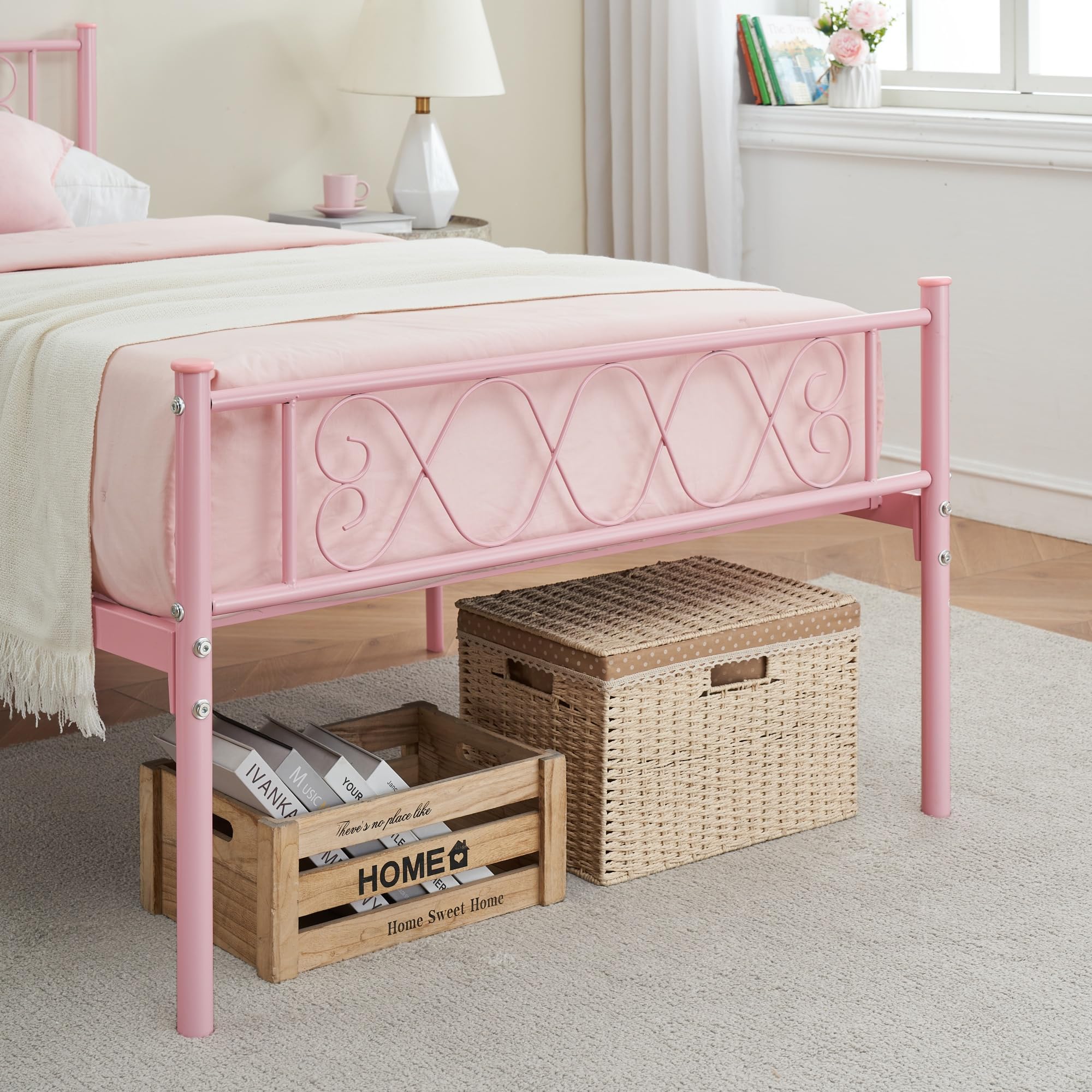 IDEALHOUSE Pink Metal Twin Bed Frame with Headboard and Footboard for Girls and Boys, Twin Size Platform Bed Frame with Iron-Art Sweet Heart, No Box Spring Needed, Easy Assembly
