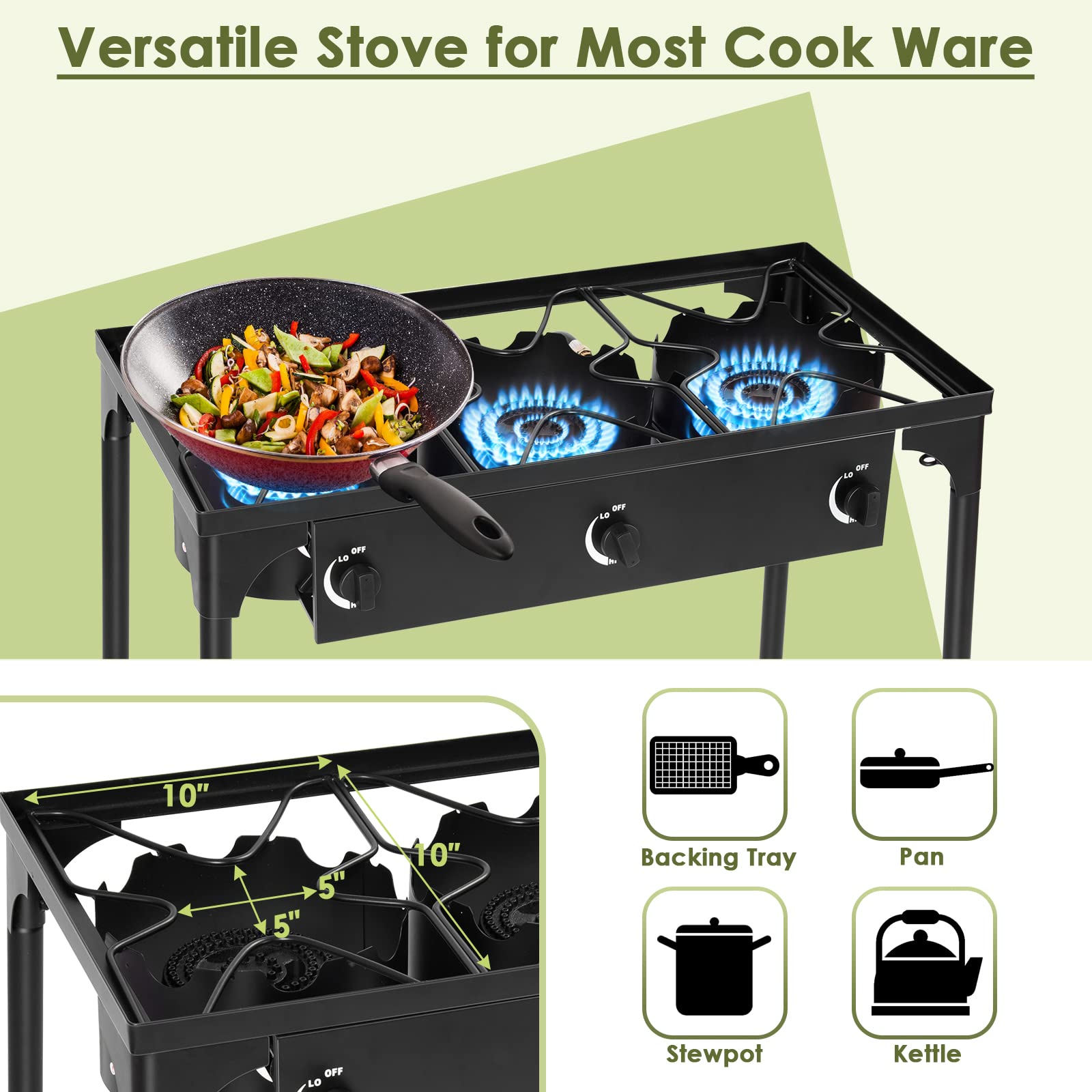 GYMAX Camping Stove, 3 Burner Propane Camp Stove w/Detachable Legs, 225,000-BTU Output, 20 PSI Regulator & CSA Certification, 30ββ Outdoor Gas Stove, High Pressure Propane Burner for BBQ (3 Burner)