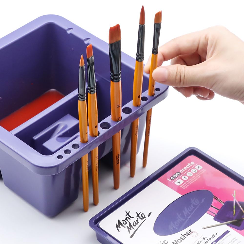 Mont Marte Twin Compartment Plastic Brush Washer. Easy Paint Brush Cleaning and Drying. Suitable for Acrylic and Watercolor Painting.