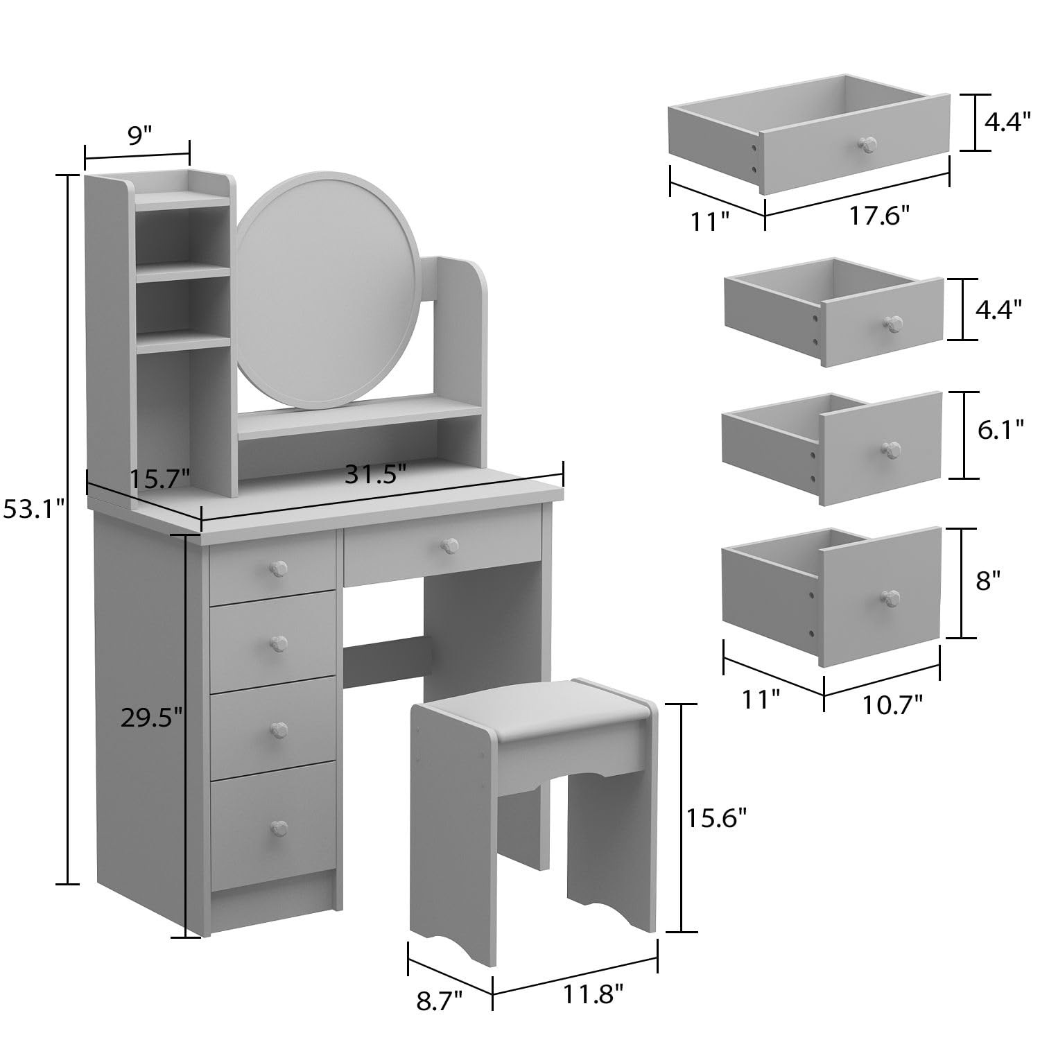 MOUMON Vanity Desk Vanity Mirror Makeup Desk with Lights, Vanity Desk with Mirror and Lights, Makeup Vanity with Drawers and Shelves, Crystal Handles, Cushion Stool, White