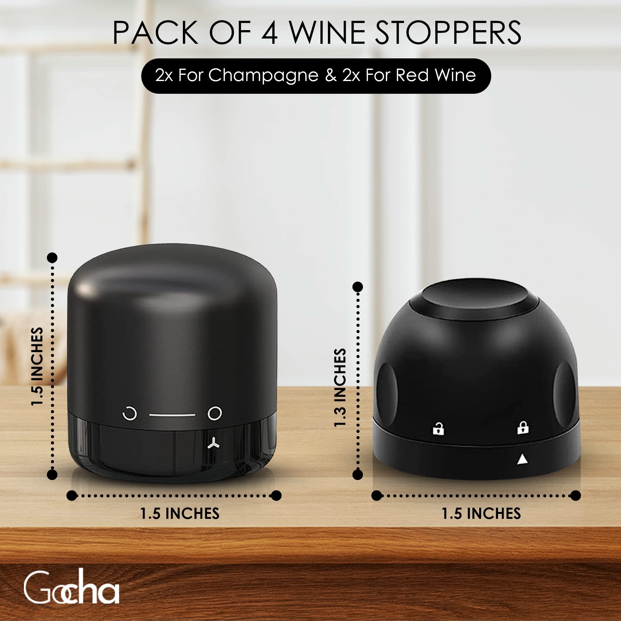 GOCHA Gadgets | Vacuum Wine Stopper | Champagne Stoppers With Vacuum Built-in | 1.5 inch Silicone Twist Top Wine Stopper | Reusable, Leak Proof (2 Wine + 2 Champagne Cork Stopper) | (Pack of 4)