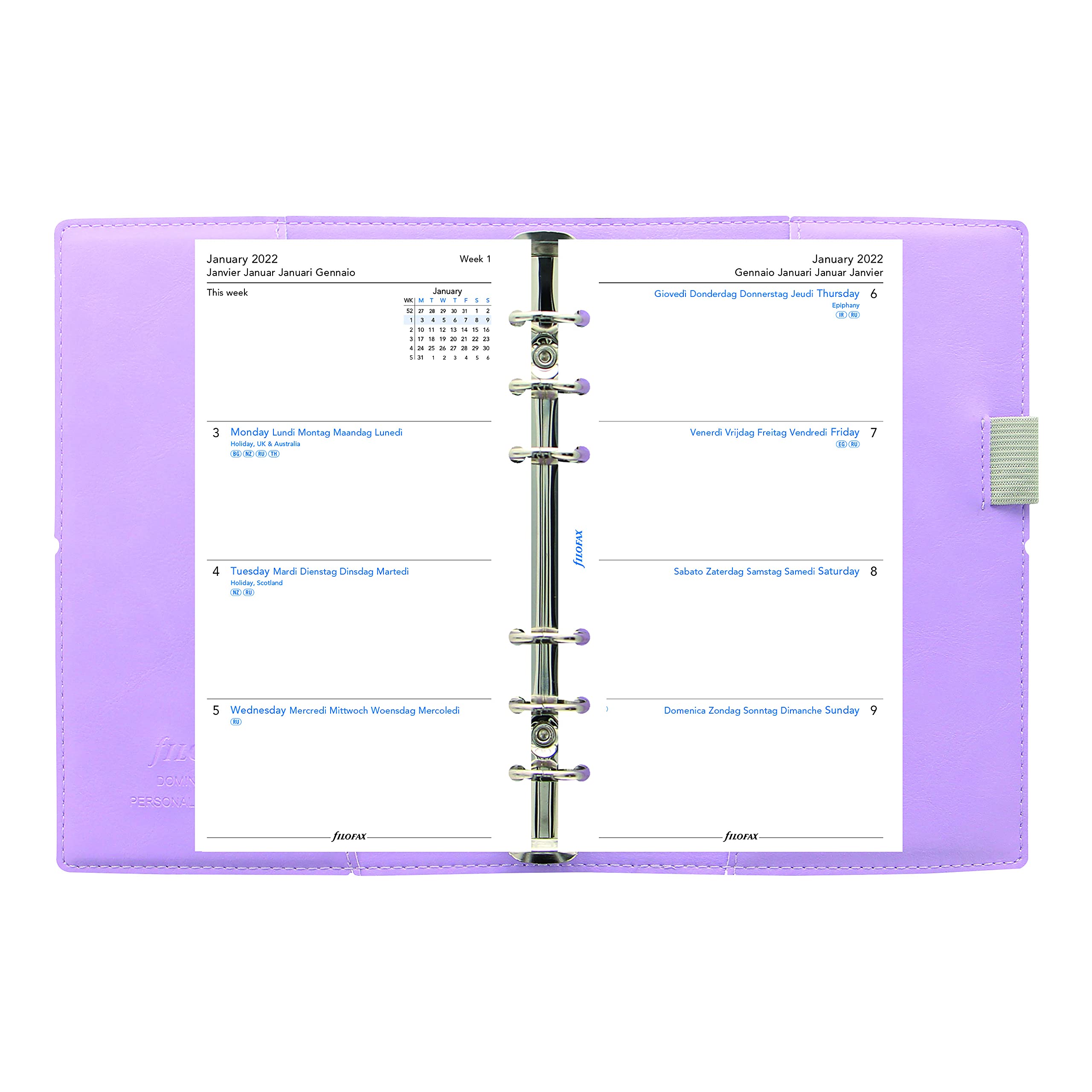 Filofax Domino Soft Organizer, Personal Size, Orchid - Leather-Look, Soft Tactile Cover, Six Rings, Week-to-View Calendar Diary, Multilingual, 2022 (C022607-22)