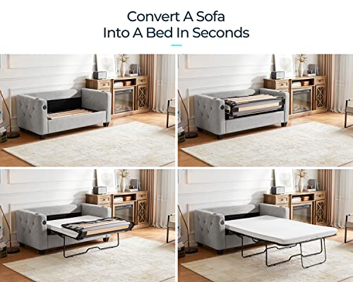 LINSY HOME Pull Out Sofa Bed, 2-in-1 Convertible Sleeper Couch with Memory Foam Mattress, Two Seat Loveseat Sleeper Sofa Bed for Living Room, Grey, Full Size