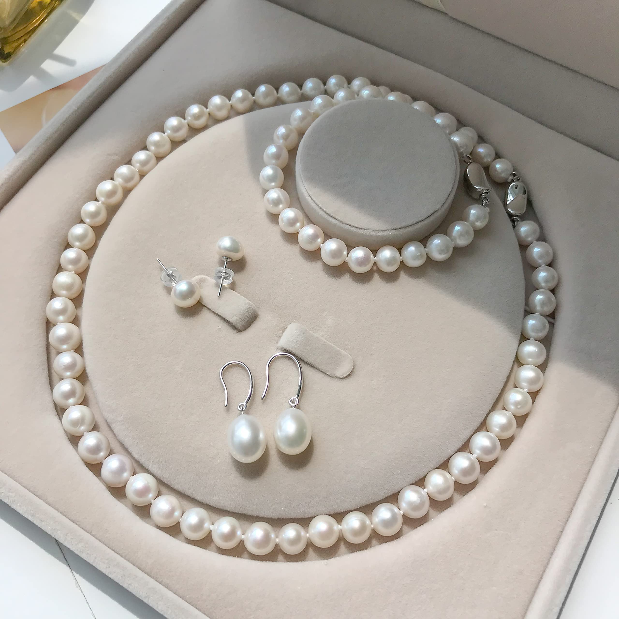 Freshwater Cultured Pearl Set Jewelry for Women Includes Pearl Bracelet, Stud Earrings and Drop Dangle Earrings High Luster AAA Quality Genuine Round White Pearl Strand Necklace Set Mother