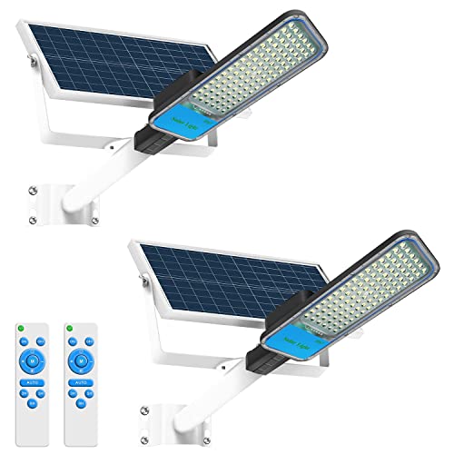 Gebosun 2PK 200W Solar Street Light with Motion Sensor, 192PCS LED Security Flood Light Dusk to Dawn Outdoor Lighting, Die-cast Aluminium IP67 Waterproof Solar Parking Lot Light for Yard,Garden,Patio