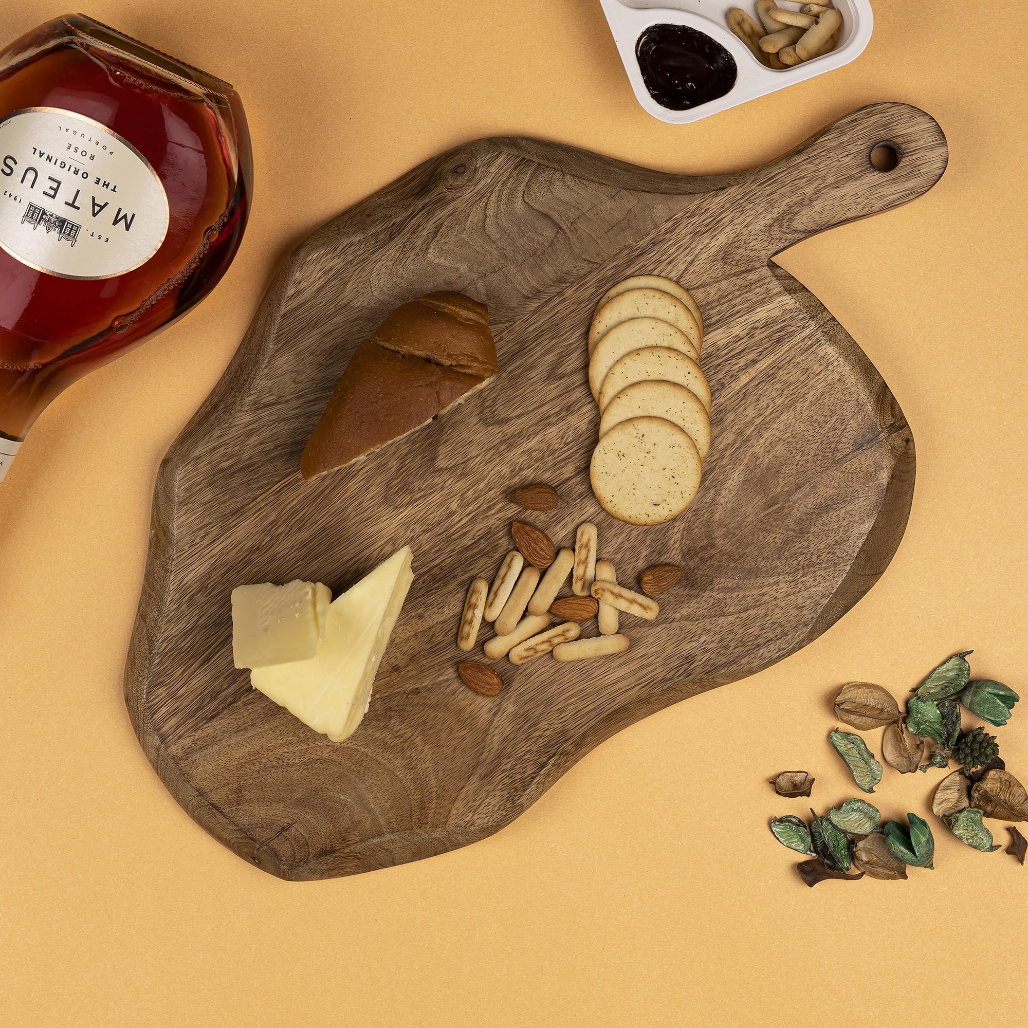 GoCraft Wooden Cutting Board with Handle | Mango Wood Leaf Shape | Chopping, Prep, Serve Board | Charcuterie Platter - 17" x 10.5"