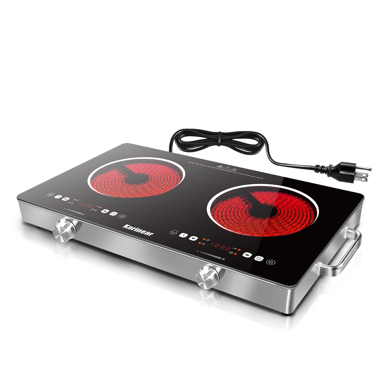 Karinear 2 Burner Electric Cooktop 110V, Portable Electric Stove with Handle, Knob Control Electric Hot Plate, Ceramic Infrared Countertop Burner, Timer, Safety Lock, 9 Power Level, 2000W, 24 inch