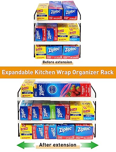 JUPELI Foil and Plastic Wrap Organizer, Expandable Kitchen Pantry Storage, Height Adjustable Cabinet Organizers and Storage, Storage Rack for Kitchen Organization, Aluminum Foil -3 Tier 9.8" to 15.6"L