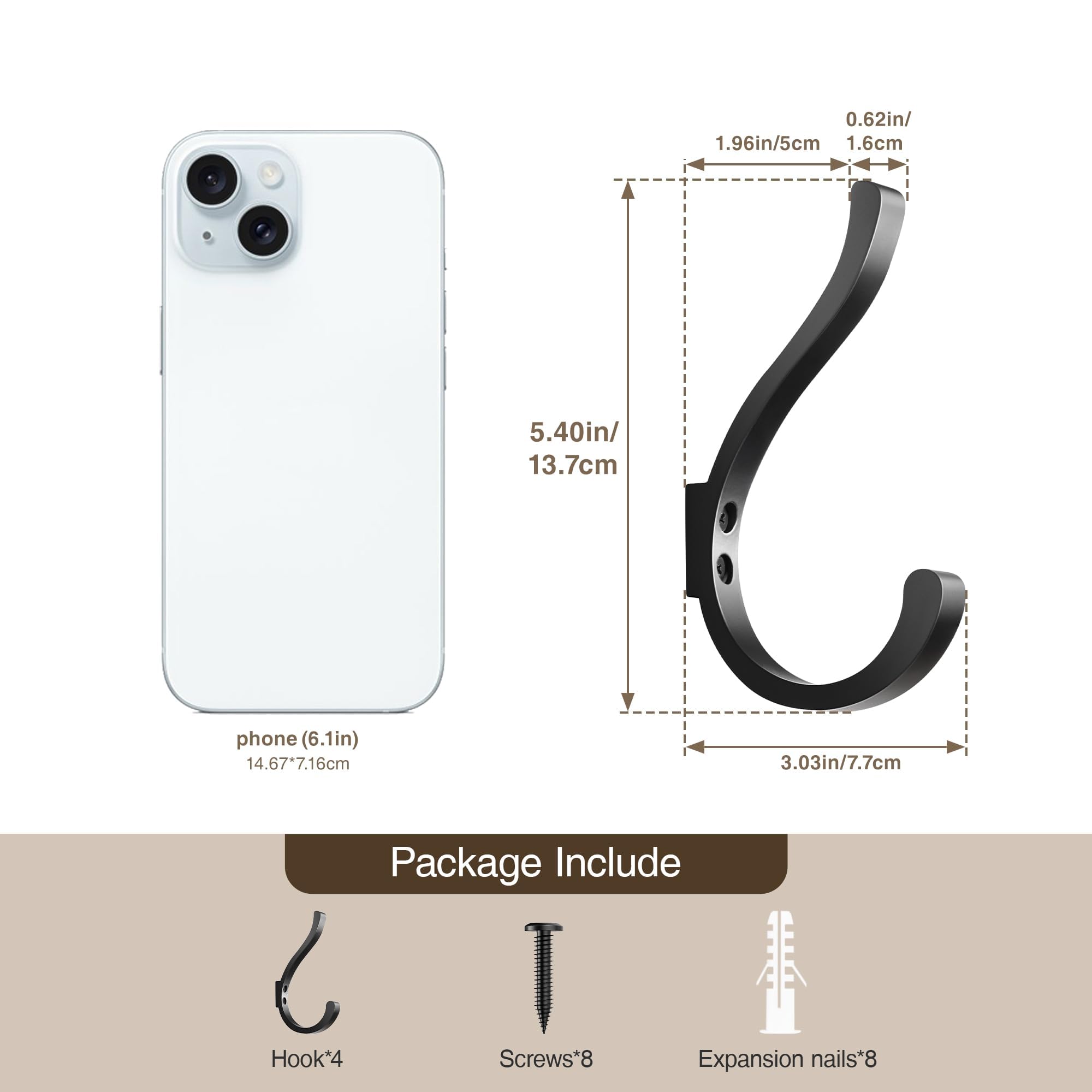 jockcaras Large Wall Hooks for Hanging Coat/Backpack - 5.4'' Huge 40LBS Heavy Duty Hanger Wall Mount Screw in, for Towel, Closet, Robe, Bag, Outdoor, Black 4 Pack