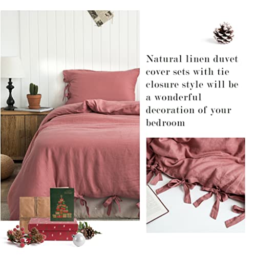 Simple&Opulence 100% Linen Duvet Cover Set, 3 Piece Belgian Flax Breathable Bedding, Queen Size 88''x92'' (1 Comforter Cover+2 Pillowshams) with Tie Closure Style, Coral-Red