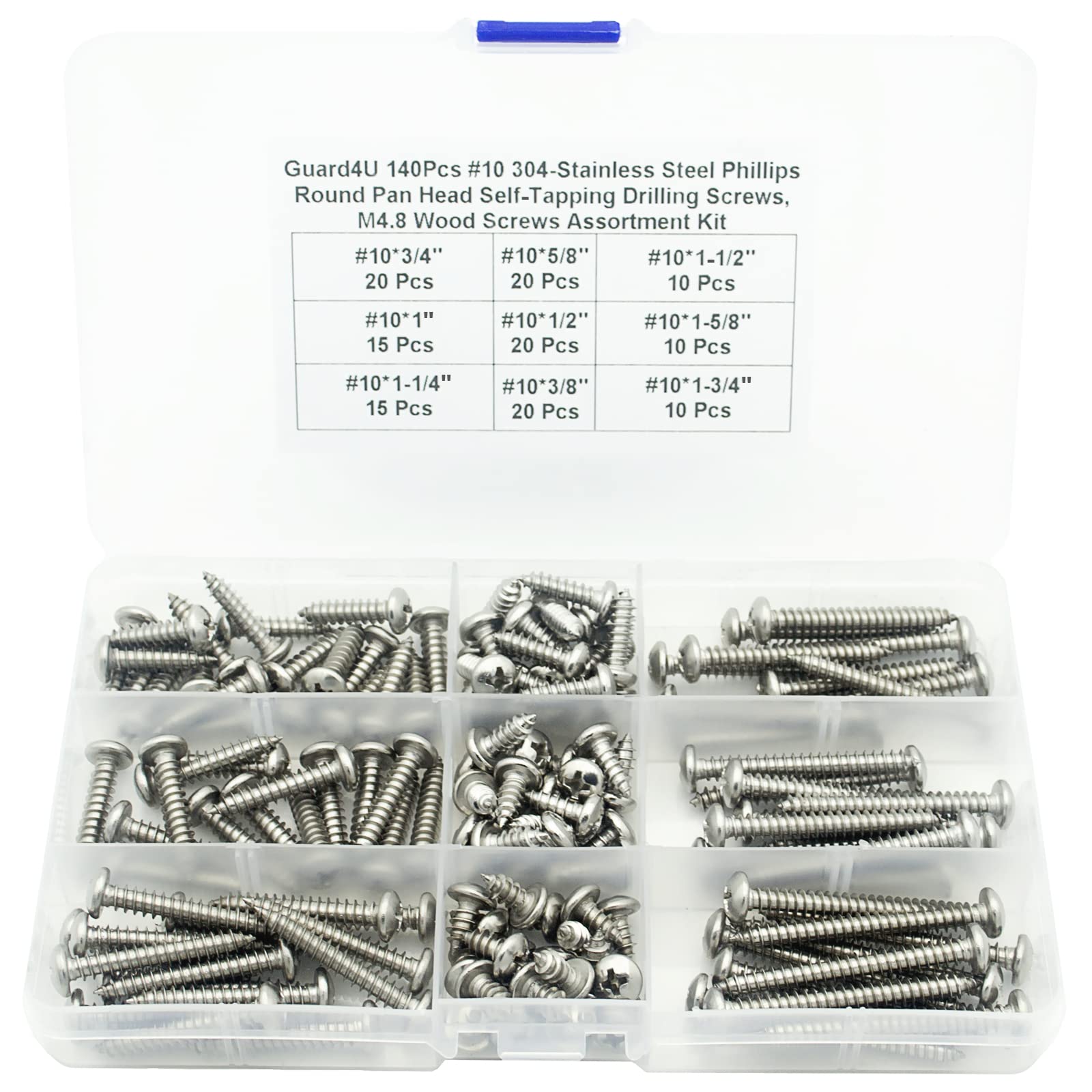 Guard4U 140Pcs #10 x 3/8", 1/2", 5/8", 3/4", 1", 1-1/4", 1-1/2", 1-5/8", 1-3/4" 304-Stainless Steel Phillips Round Pan Head Self-Tapping Drilling Screws, M4.8 Wood Screws Assortment Kit