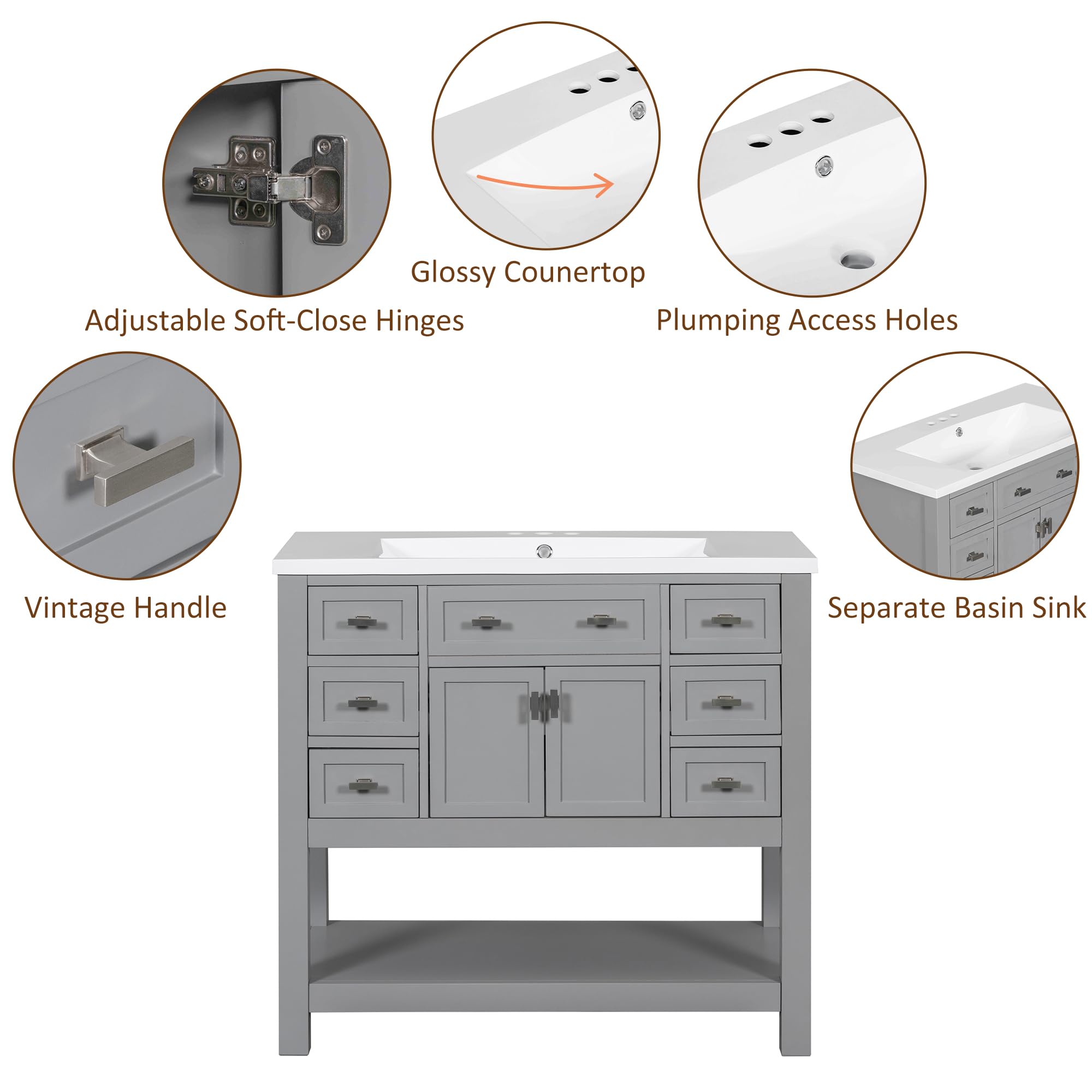 Merax 36" Bathroom Vanity with Sink Combo, Modern Wood Fixture Stand Storage Cabinet Set W/2 Soft Closing Doors and 6 Drawers, Grey