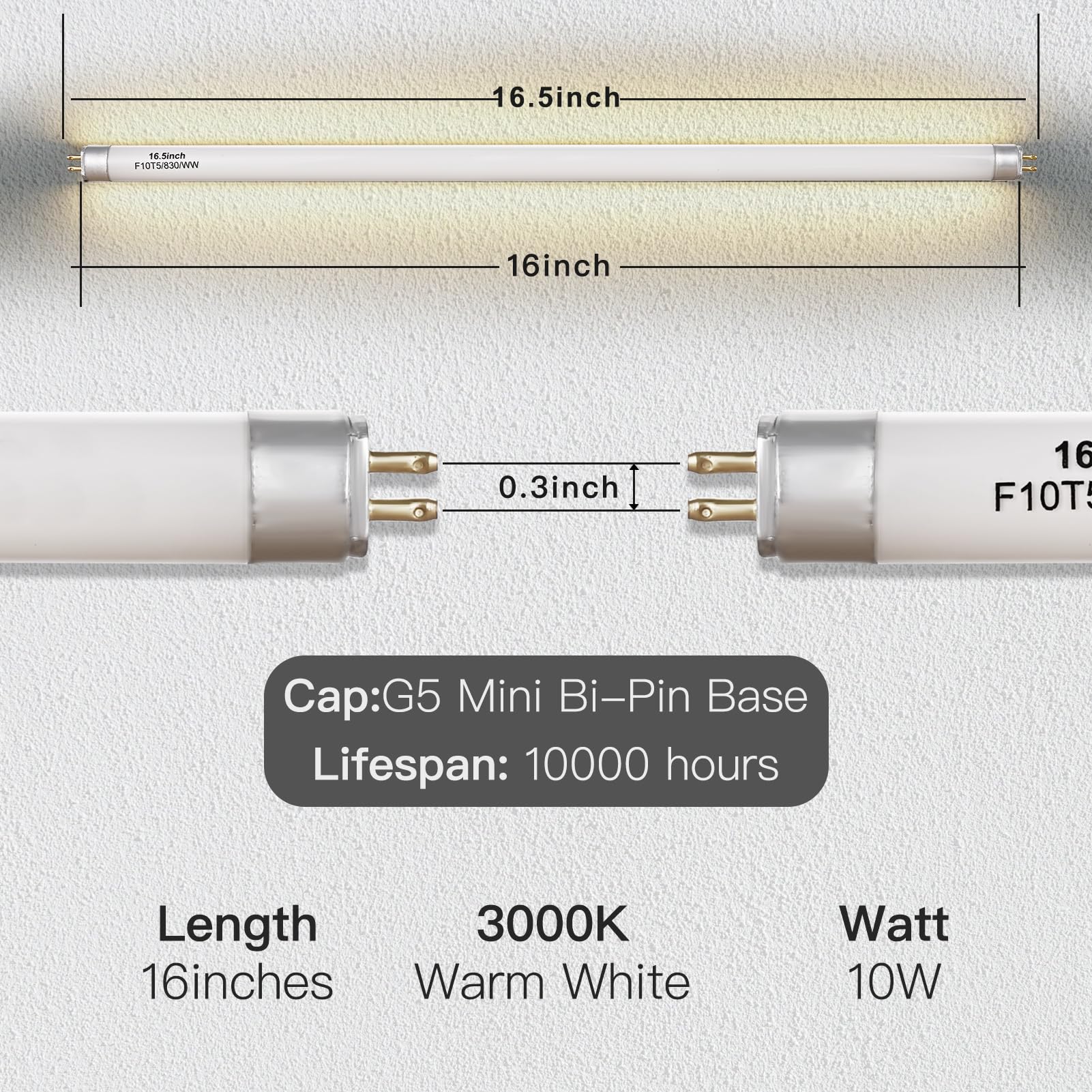 HoazHoald 16” F10T5/830/L Fluorescent Bulb T5 10W 3000K Warm White Light Bulb Diameter 5/8” Replacement for Jasco Philips Under Cabinet Counter Light Fixtures (4 Pack)