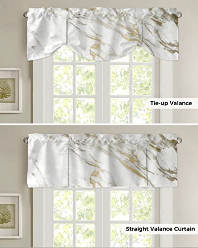 Tie Up Valance for Kitchen Windows,Abstract White Marble Gold Inlay Adjustable Valances Rod Pocket Short Curtain,Modern Simple Geometric Tie Up Curtains Valance for Bedroom Bathroom 42x12in