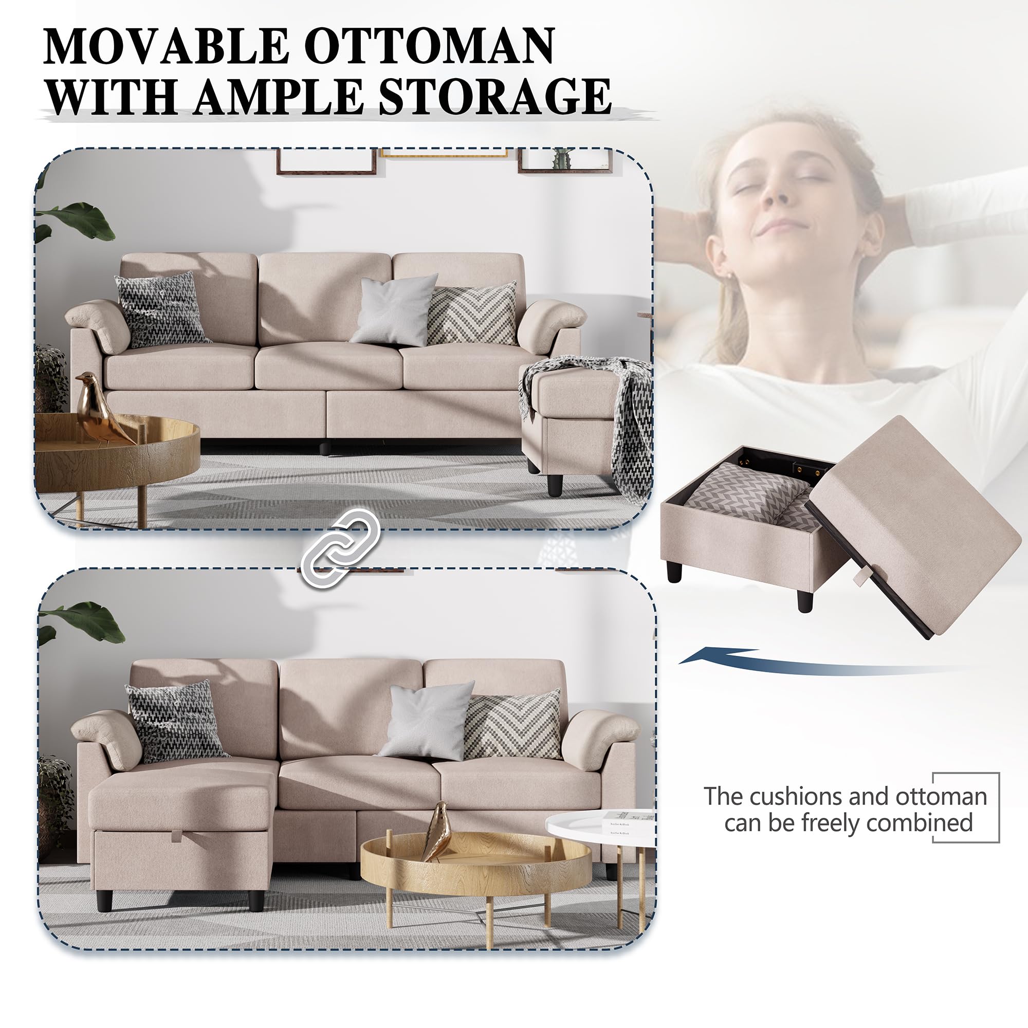 Meilocar 79" Modern Sectional Sofa Couch, Convertible L Shaped Couch with Reversible Ottoman, 3-Seat Sofa Sectional with Removable Armrest for Living Room, Apartment, Small Space, Beige