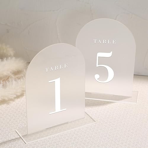 UNIQOOO Frosted Arch Wedding Table Numbers with Stands 1-15, 5x7 Acrylic Signs and Holders, Perfect for Centerpiece, Reception, Decoration, Party, Anniversary, Event