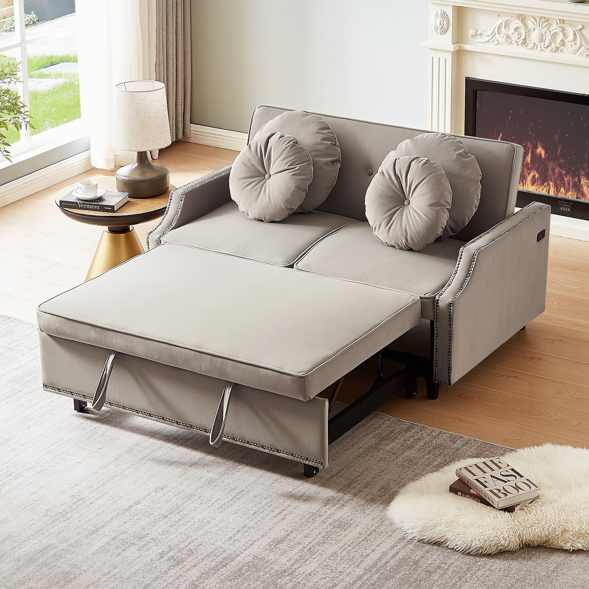 Merax 54.7" Loveseat Sofa Couch with Pull Out Bed, 3 in 1 Convertible Bella Fabric Sleeper Sofa Bed with Two USB Ports, and 2 Floral Lumbar Pillows for Apartment, Office, Living Room (Coffee)