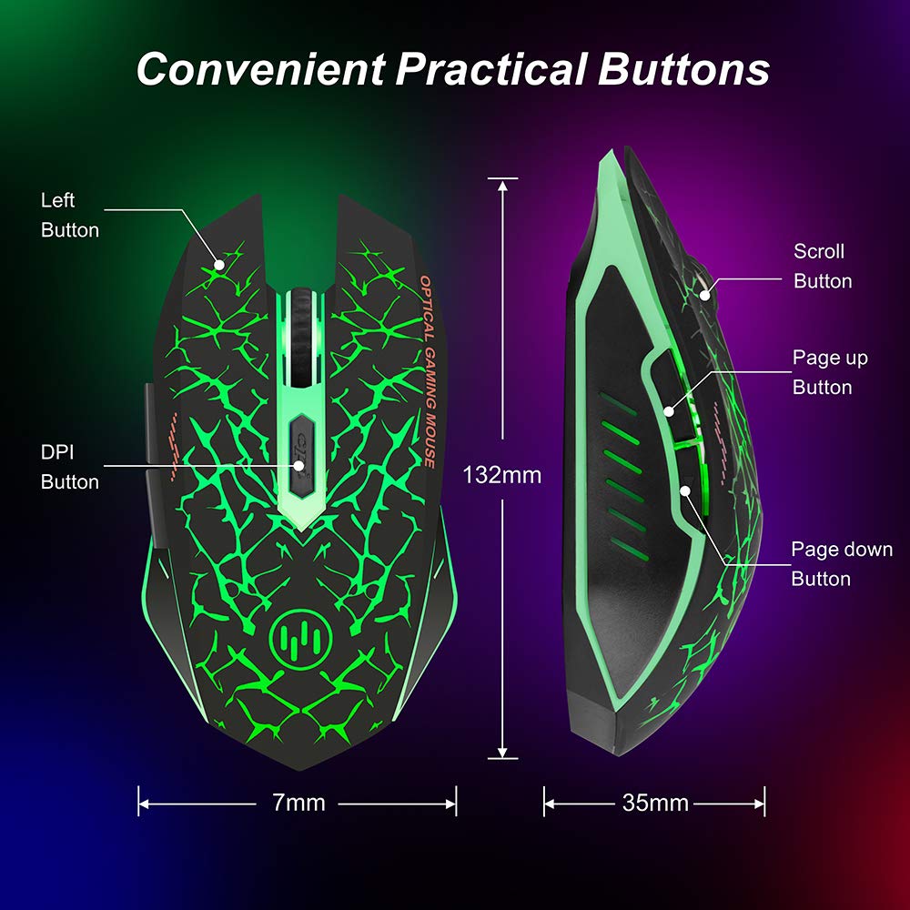 VEGCOO C12 Wireless Gaming Mouse,Rechargeable Mice Silent Click Cordless Mouse with 6 Buttons PC Gaming Mice Advanced Technology with 2.4GHZ Up to 2400DPI for PC Laptop (Green)