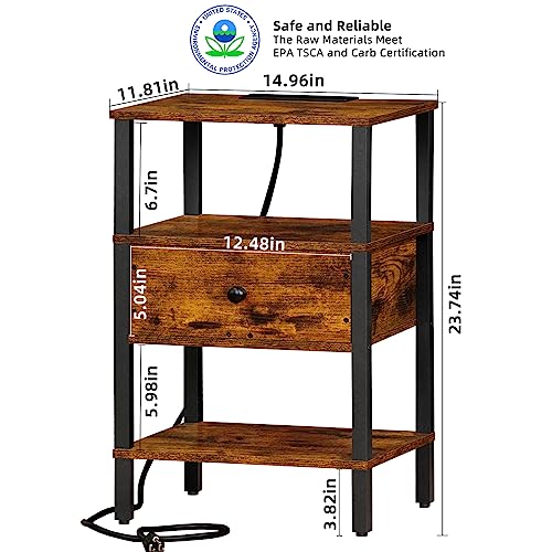 Lerliuo Nightstand with Charging Station and USB Ports, 3-Tier Storage End Table with Drawer Shelf, Night Stand for Small Spaces, Wood Bedside Table for Living Room, Bedroom - Retro Brown
