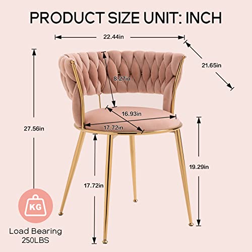 LETESA Velvet Dining Chairs Set of 2 with Hand Woven Hollow Backrest Design, Modern Upholstered Accent Chairs with Gold Metal Legs, Vanity Chairs for Dining Room, Living Room (Pink)