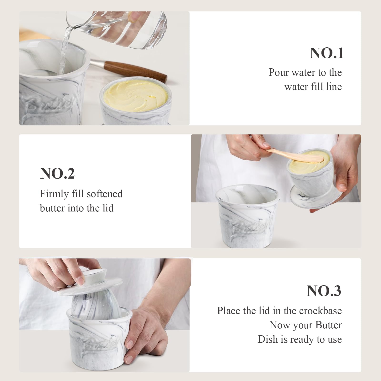 MSJGA Butter Crock for Counter with Water, French Butter Keeper for Spreadable Butter Marble Ceramic Butter Dish with Lid for Countertop, Butter Container Holder