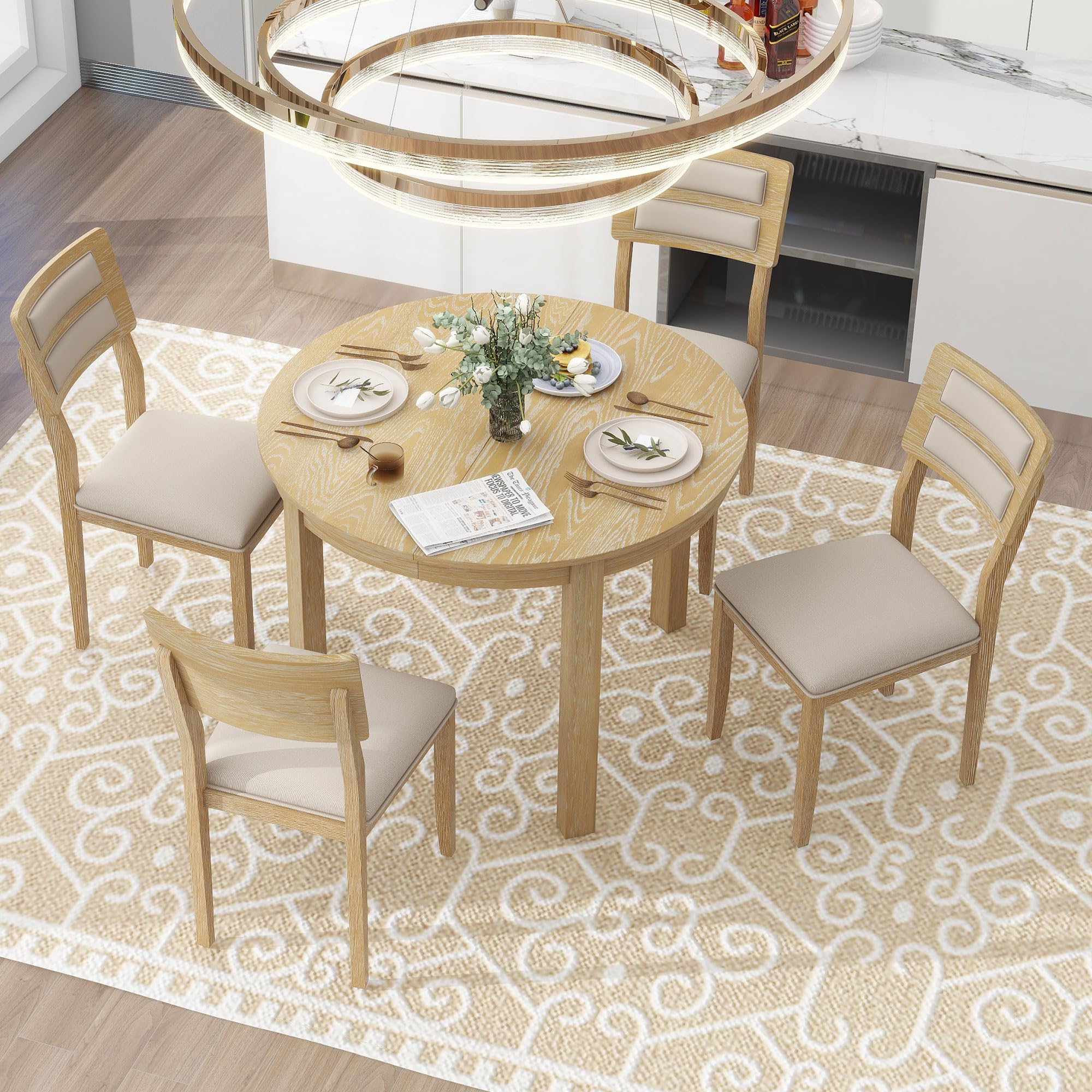 Merax Farmhouse Wooden Dining Set of 5, 56 inch Extendable Kitchen Table with Two Drawers, 4 Chairs with Backrest, Easy Assemble Black