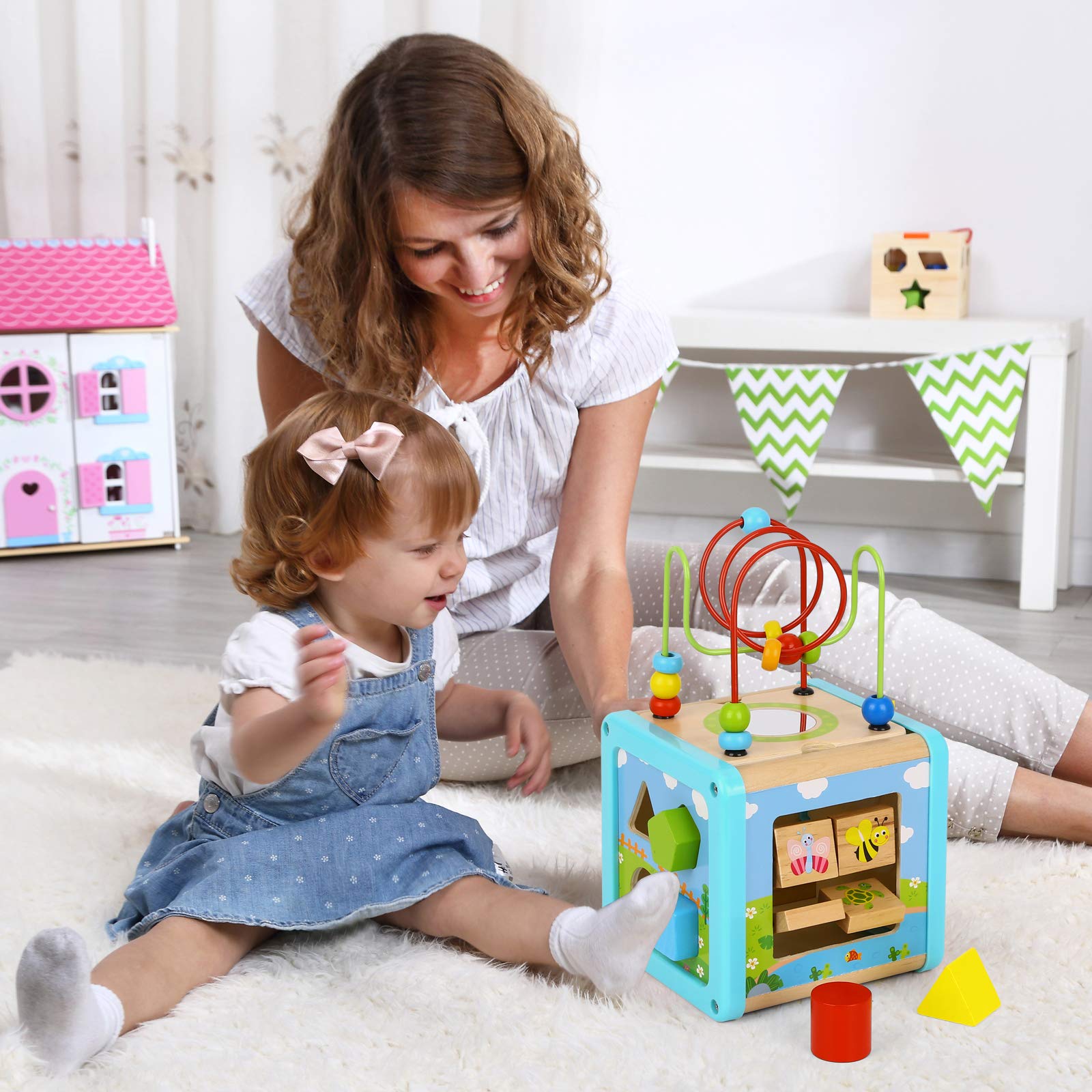 TOOKYLAND Activity Cube Wooden Toys Bead Maze Shape Sorter Learning Developmental Montessori Toys Small Size Gifts for Toddler Kids