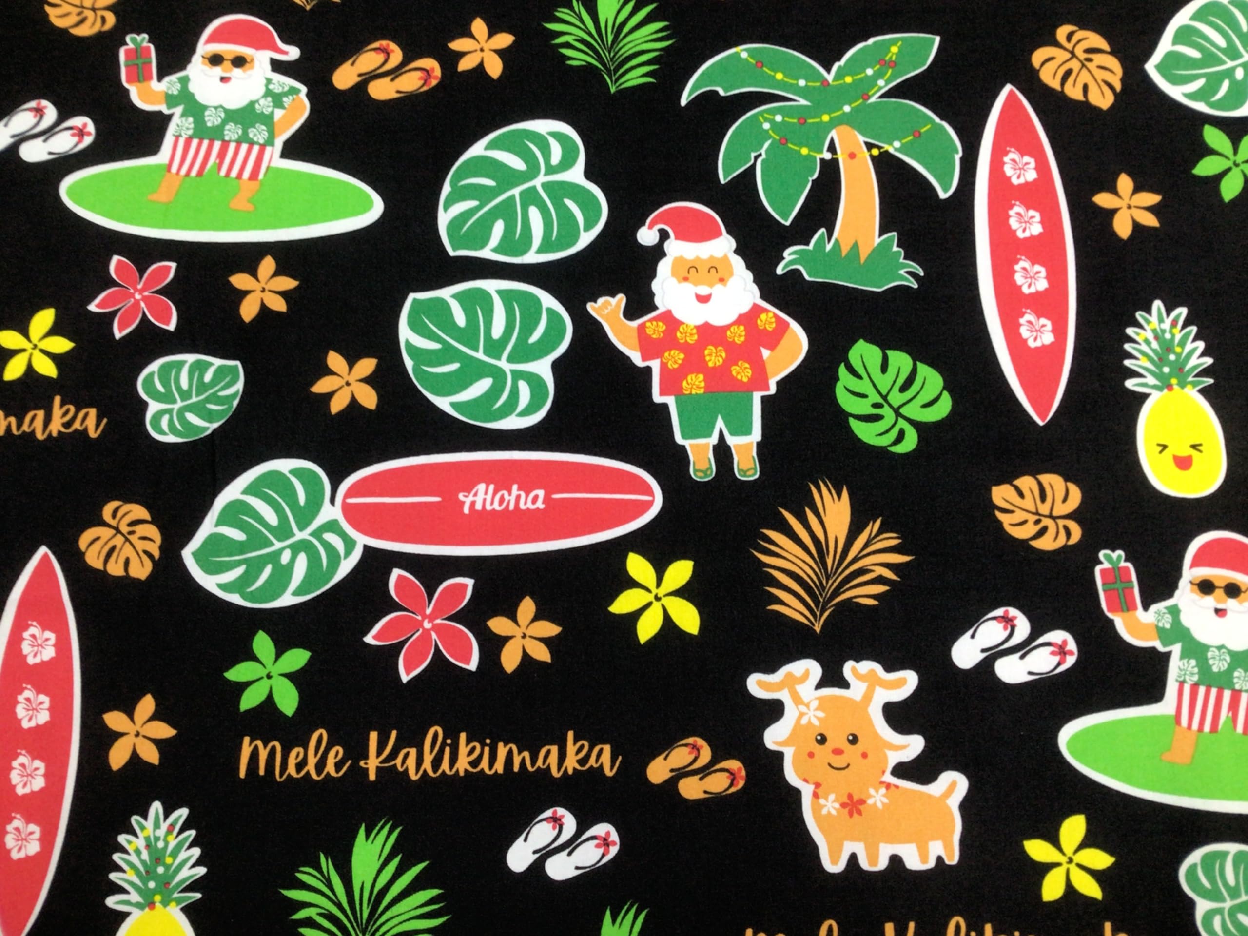 Mele Kalikimaka Hawaiian Christmas Surfing Santa in Black Background Hawaiian Print 100% Cotton Fabric Sold by The Yard