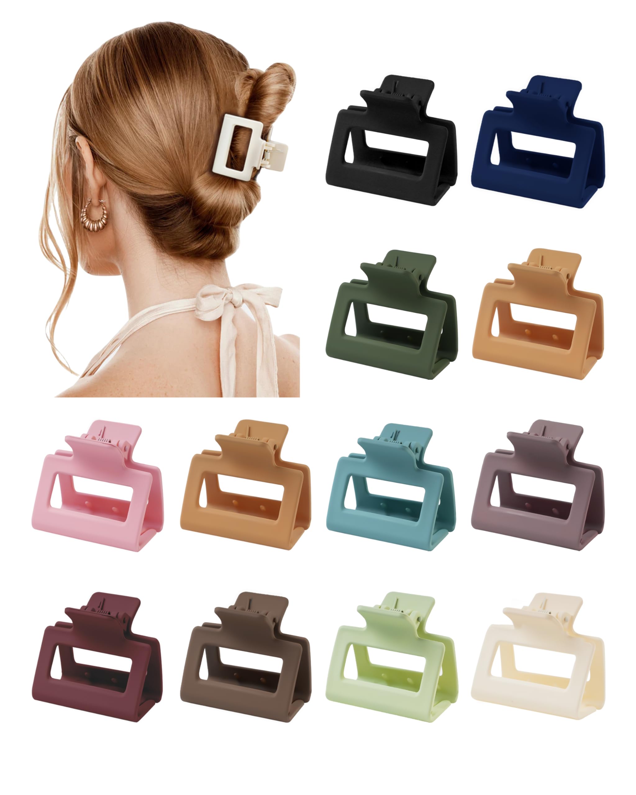 Hair Claw Clips Set - 12 Matte Pieces, Non-Slip Thick and Thin Styles for Thin and Medium Hair, Square Design for Women
