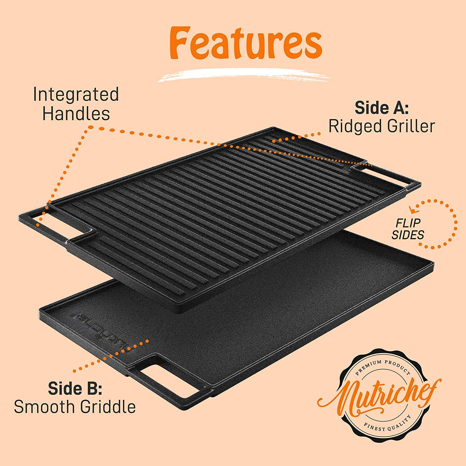 NutriChef 18 Inch Cast Iron Griddle Skillet Reversible Grilling Plate Pan For Stove Top with Heat Resistant Oven Grab Mitt, Black (2 Pack)
