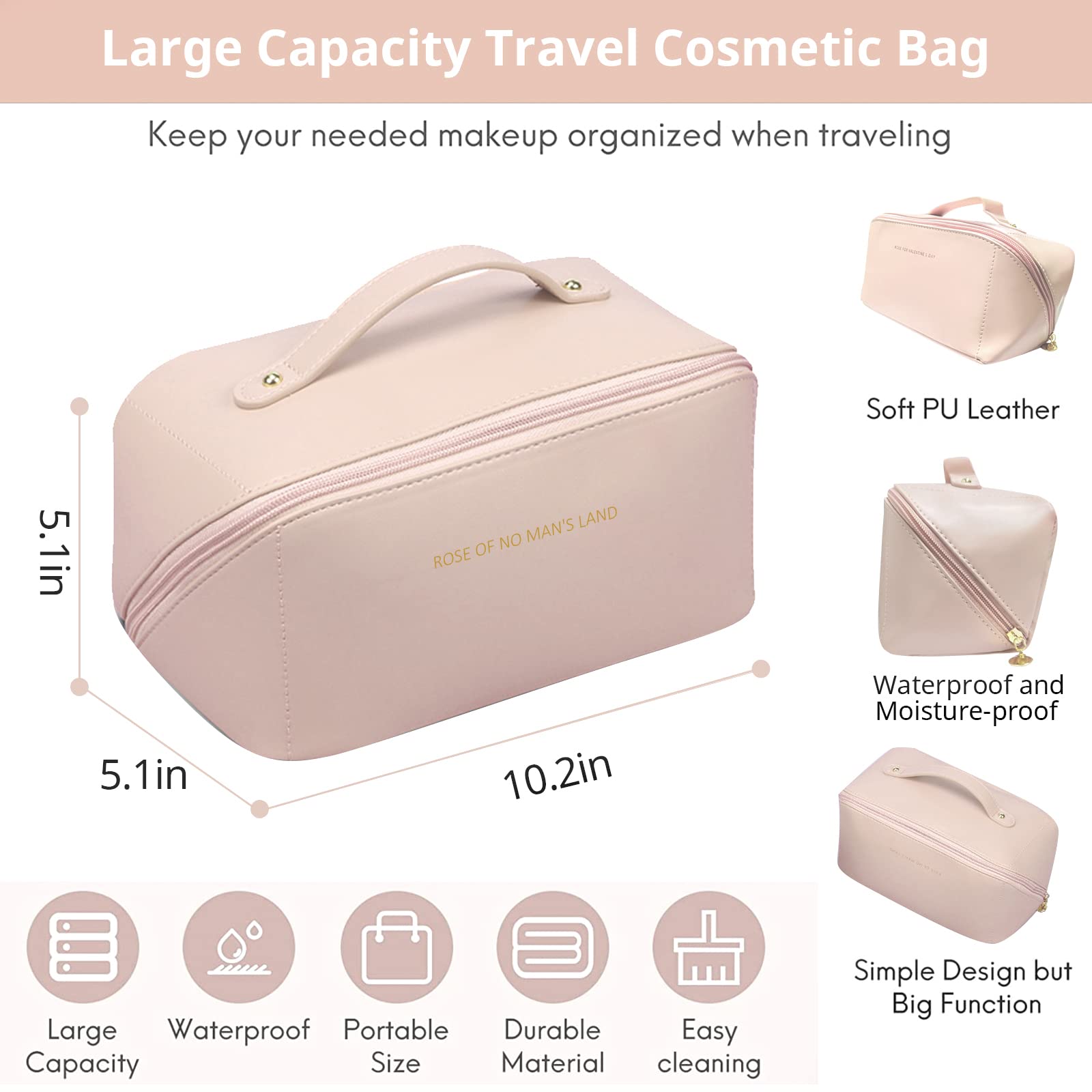 ikaufen 2 Pack Large Capacity Travel Cosmetic Bag, Makeup Bag, Multifunctional Storage Waterproof Portable PU Leather Makeup Organizer Bag with Dividers and Handle (Pink, Brown)