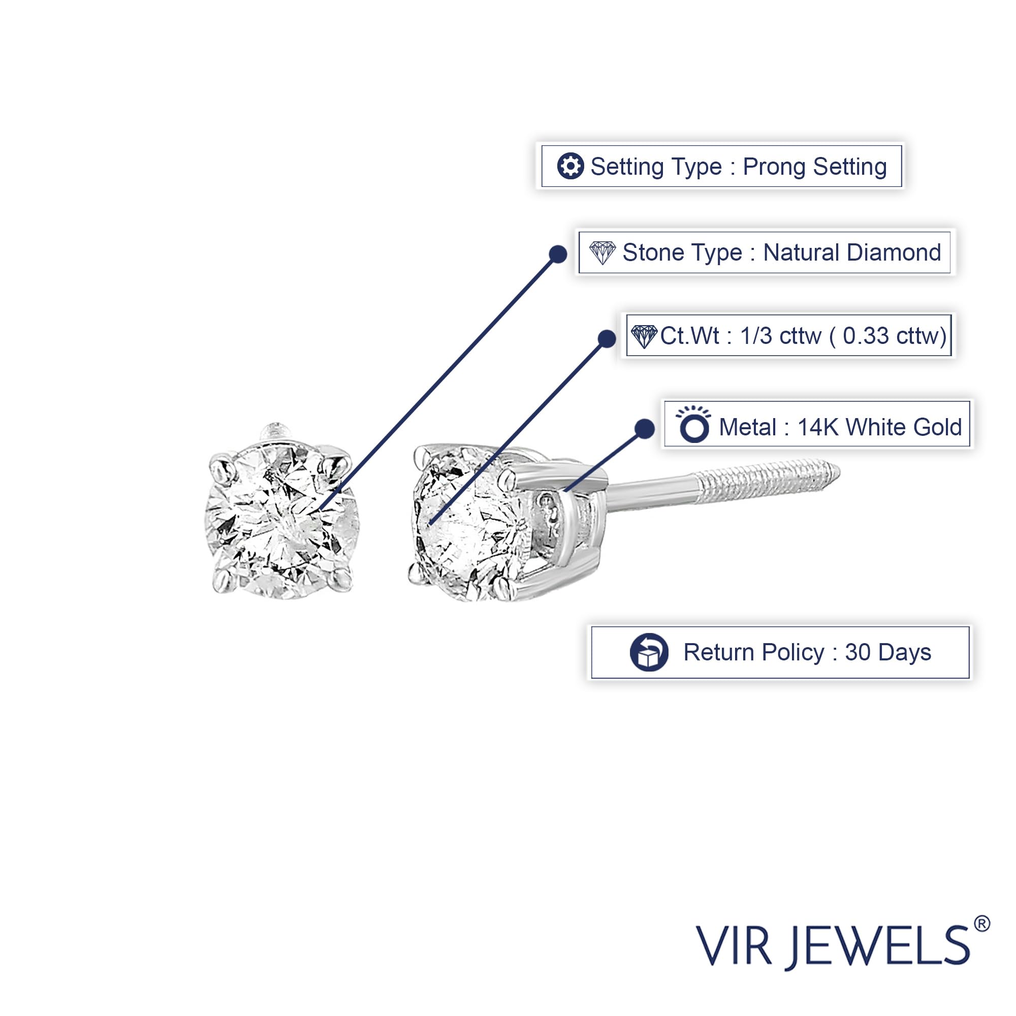 Vir Jewels 1/3 cttw Diamond Stud Earrings 14K White Gold