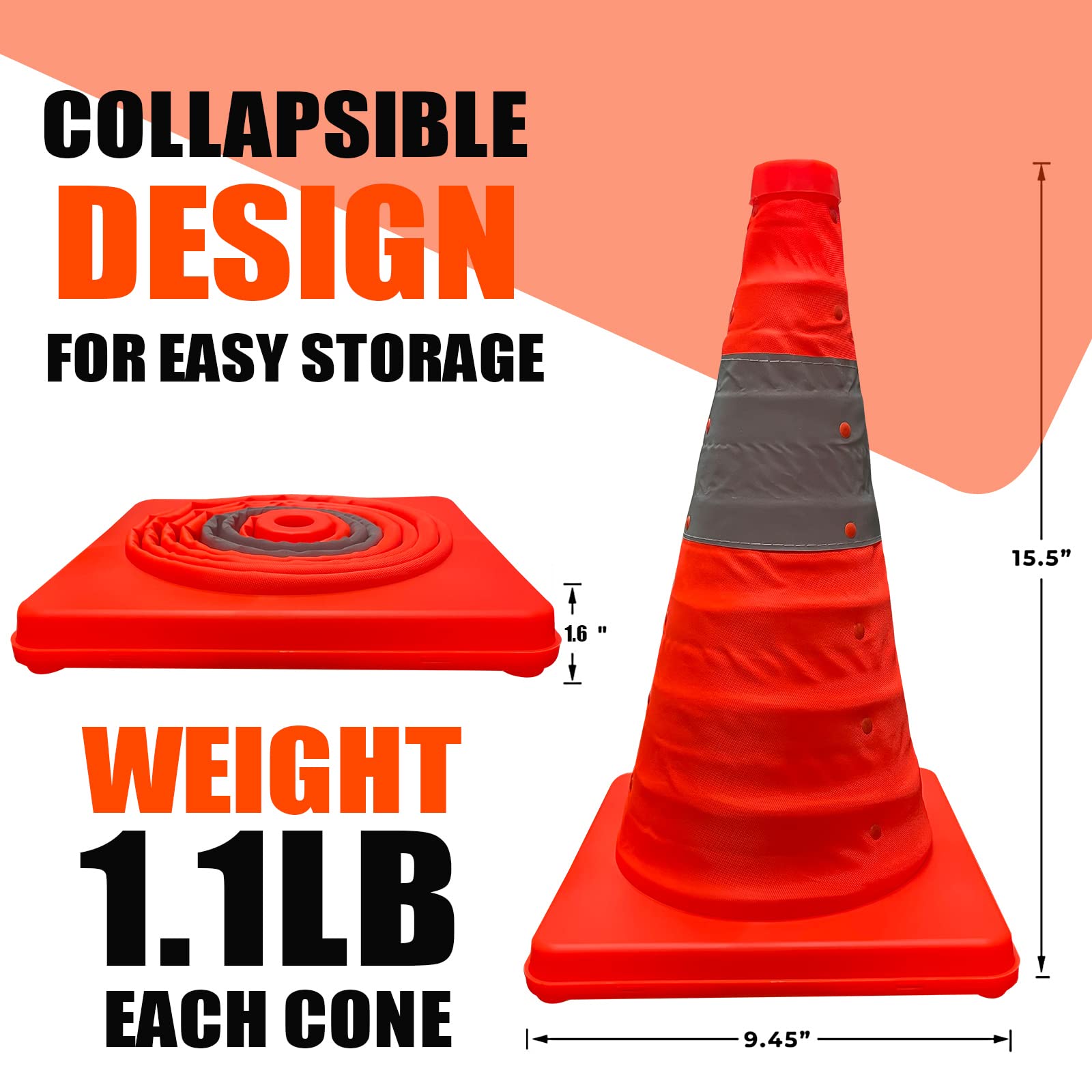 Ikaufen 4 Pack 15.5 inch Collapsible Traffic Cones, Multi Purpose Pop up Safety Road Reflective Parking Cone, Construction Cones, for Training, Parking Lot and Driving Practice