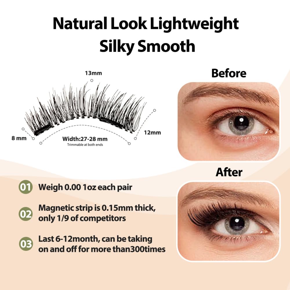 Dual Magnetic Eyelashes NO Eyeliner or Glue Needed,Magnetic False Eyelashes 3D Natural Look ,Fake Eyelashes Easy to Wear and Reusable 2 Pairs Pack with Tweezers