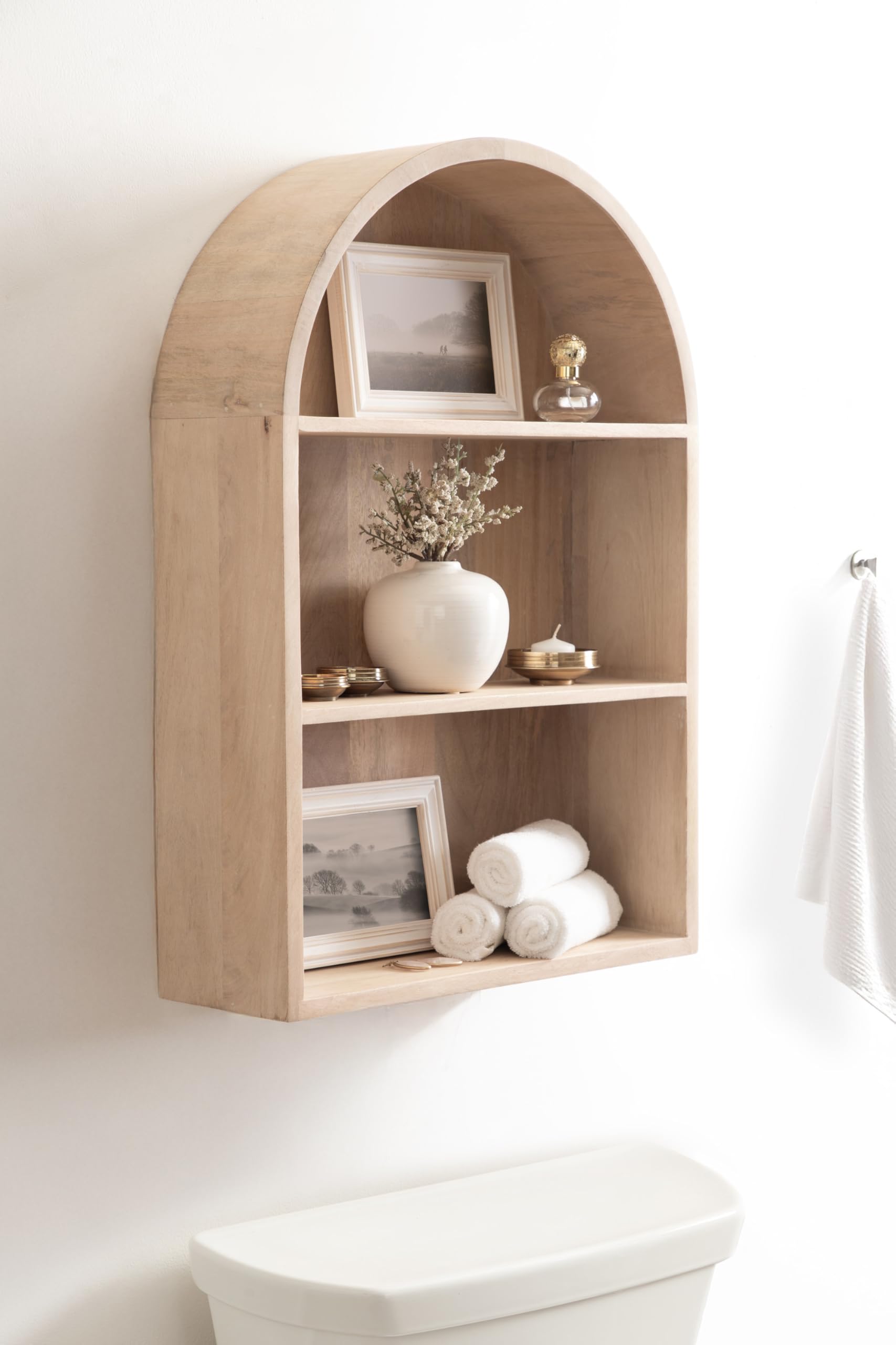 Kate and Laurel Arcott Modern Arched Wall Shelf, 18 x 26, Natural Wood, Transitional Arch Wall Shelves for Over-The-Toilet Storage or Entryway Storage Shelf