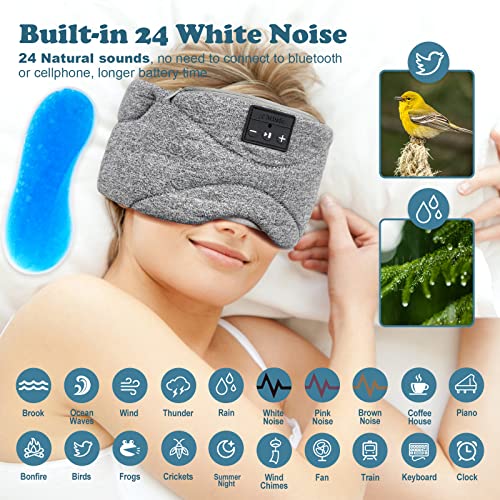 Sleep Mask with Bluetooth Headphones 24 White Noise, Ice-Feeling Bluetooth Sleep Mask Ultra-Thin Speaker Sleep Headphone Mask for Side Sleepers Blackout Eye Mask for Airplane, Nap, Travel(Gray)