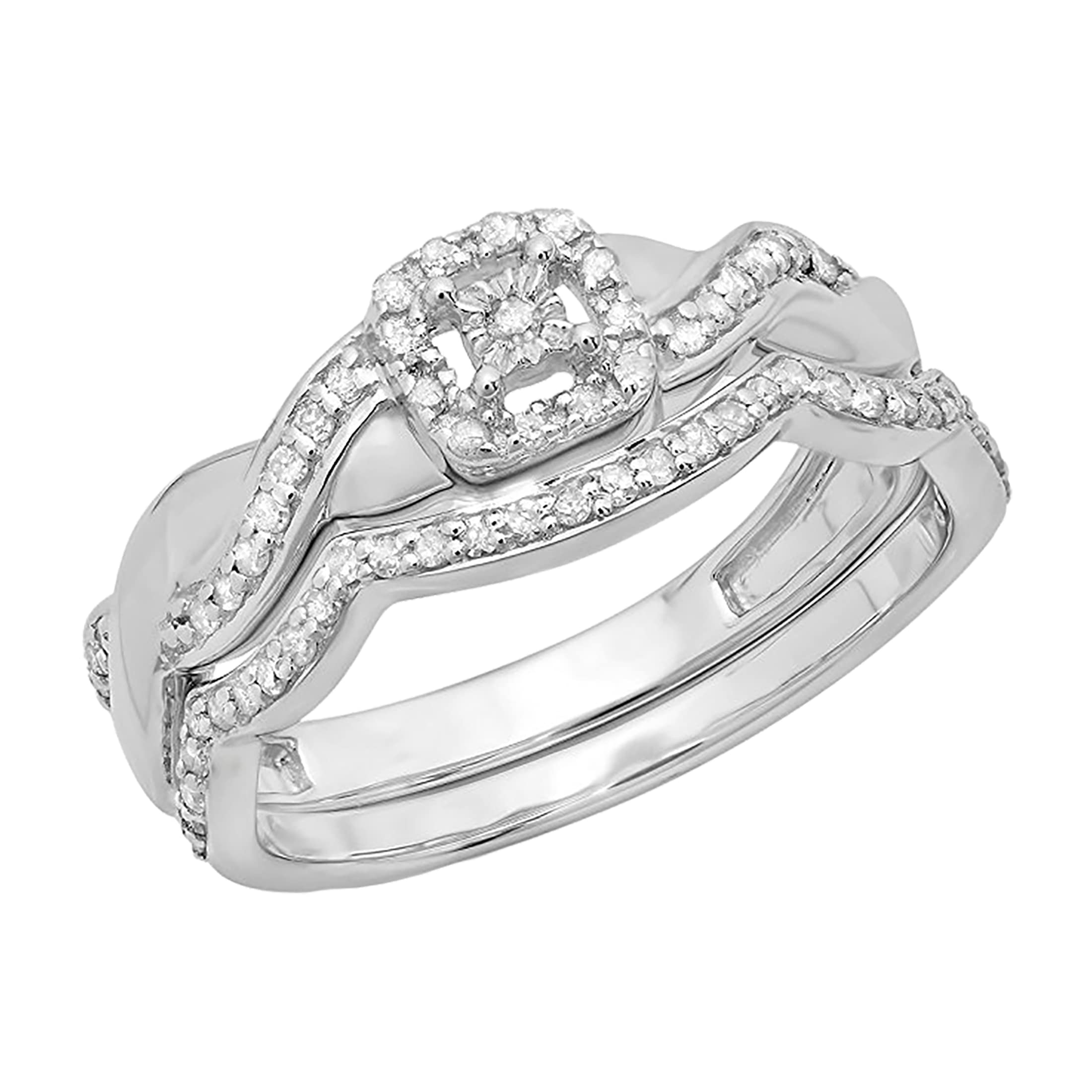 Dazzlingrock Collection 0.30 Carat (ctw) Sterling Silver Round Diamond Ladies Swirl Bridal Engagement Ring Set 1/3 CT, Size 7.5
